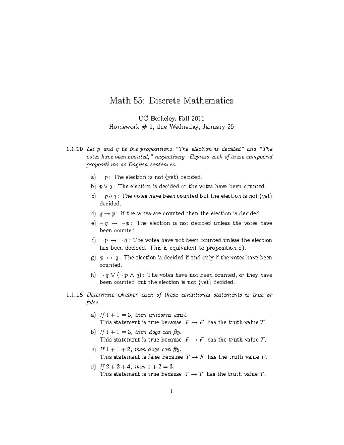 Hw1sol - good luck - Math 55: Discrete Mathematics UC Berkeley, Fall ...