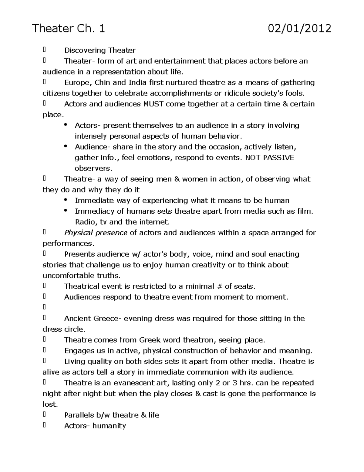 Theater Textbook - Theater Ch. 1 02/01/ Discovering Theater Theater ...