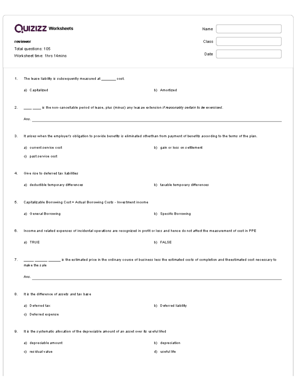 Reviewer Quizizz - gugugu - Worksheets reviewer Total questions: 105 ...