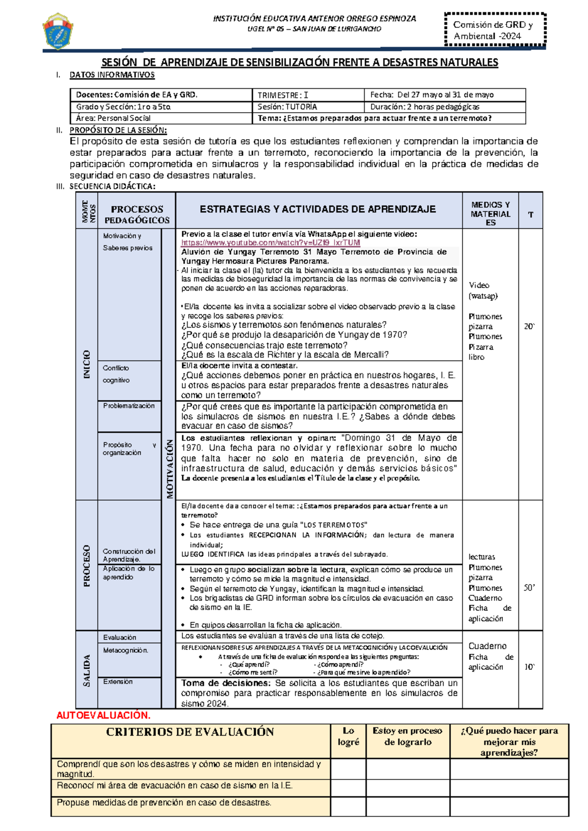 Sesion DE Aprendizaje- GRD- 2024 Simulacros - SESIÓN DE APRENDIZAJE DE SENSIBILIZACIÓN FRENTE A ...