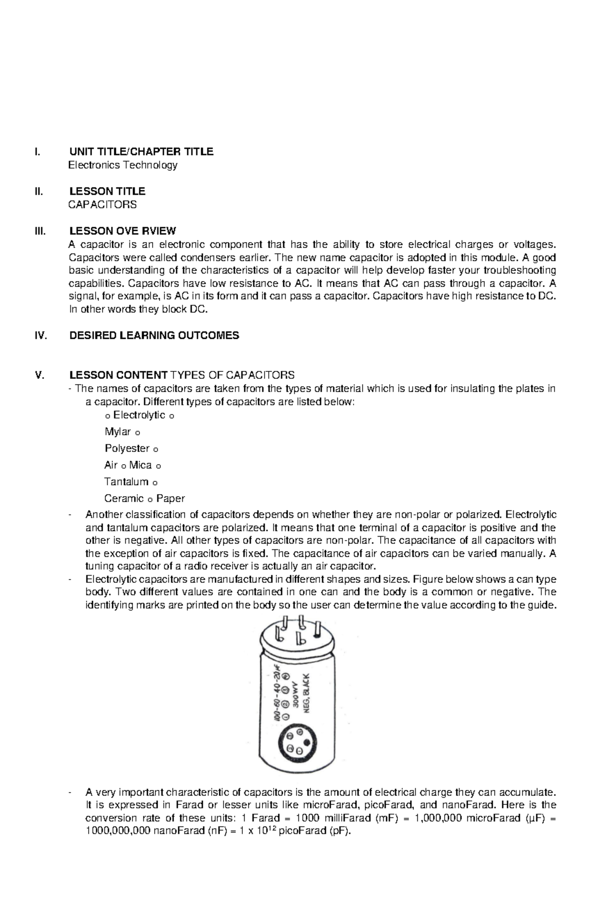 Electronics Technology - Chapter 2 - I. UNIT TITLE/CHAPTER TITLE ...