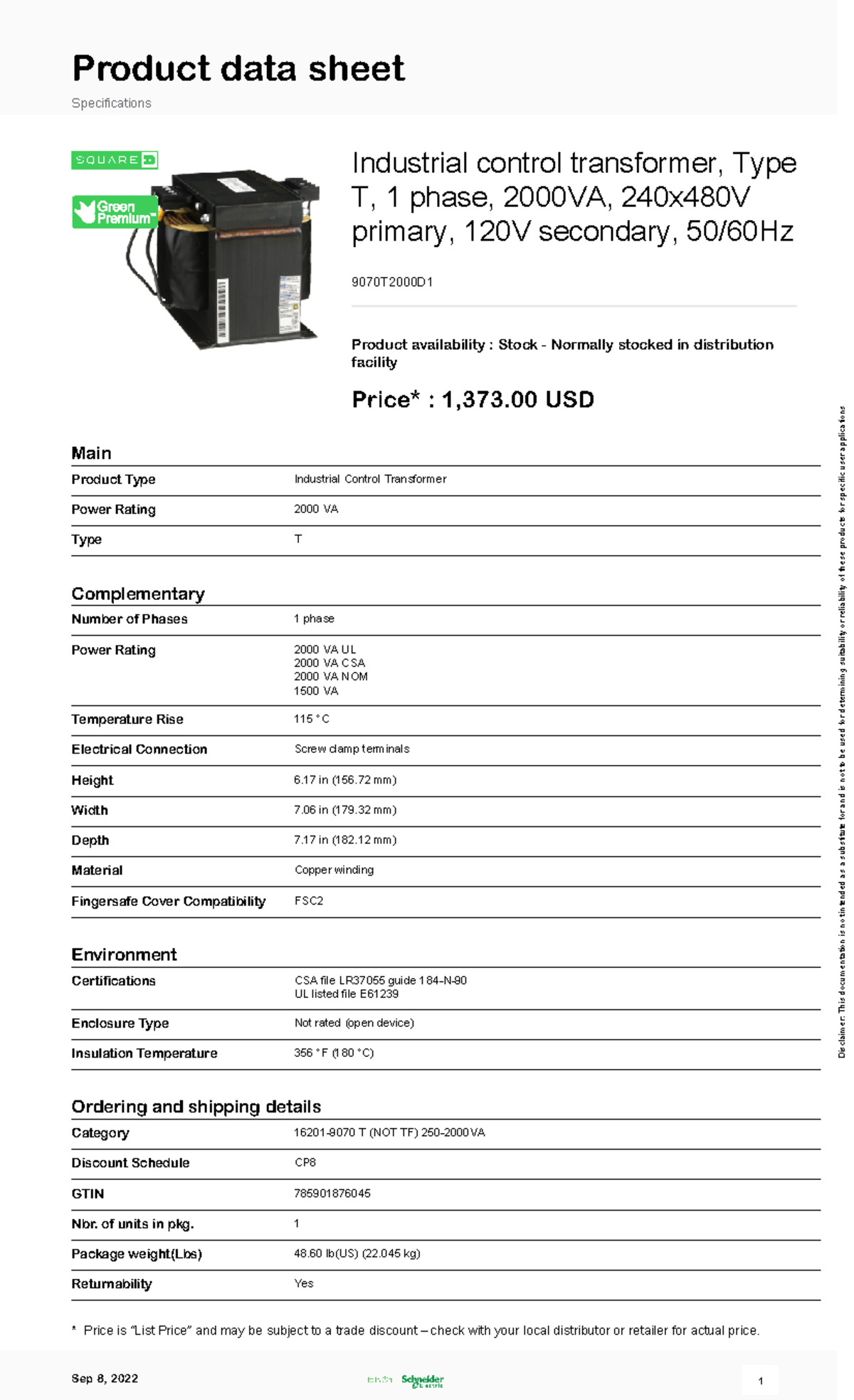 Industrial Control Transformers (Machine Tool) 9070T2000 D1 - Product ...
