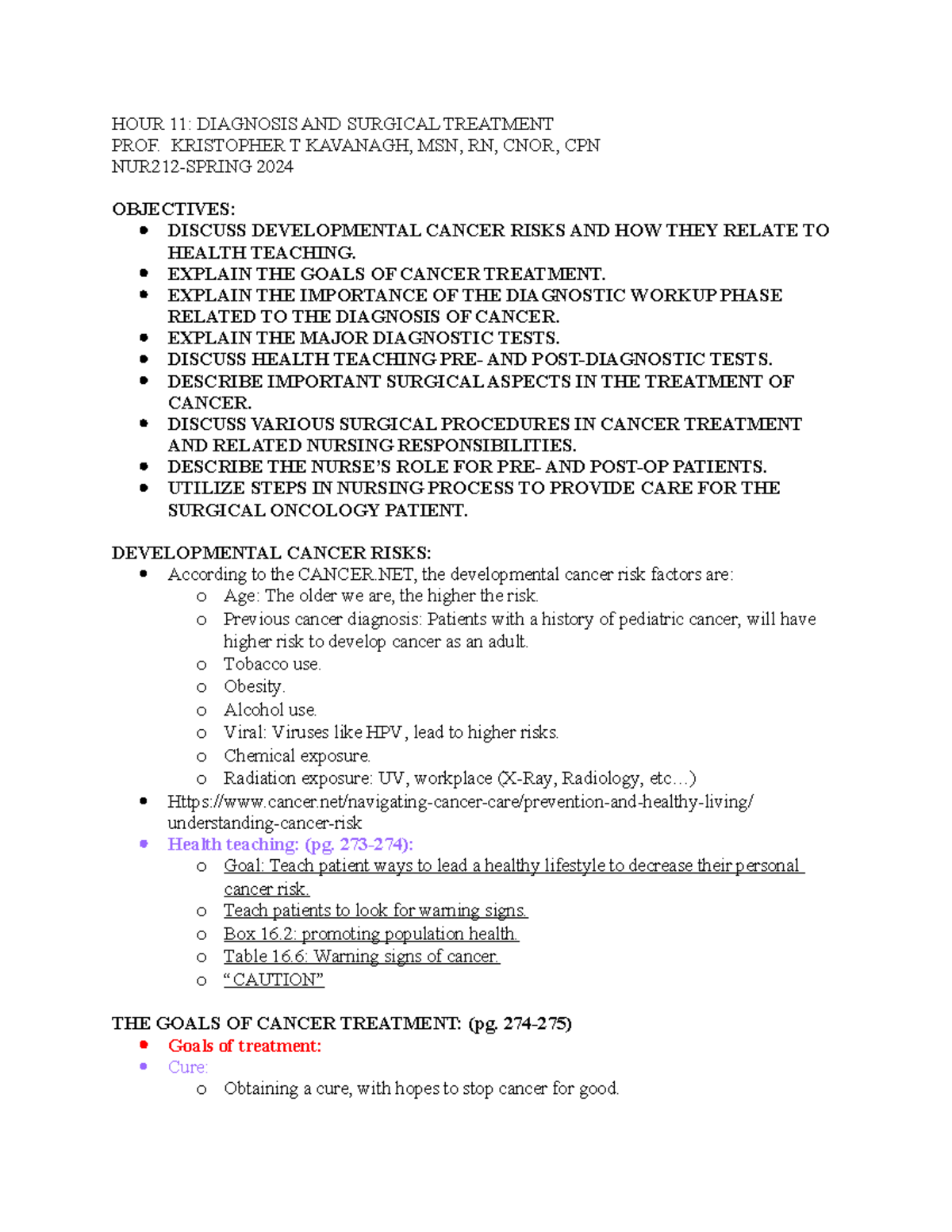 Oncology HOUR 11 Notes- Updated - HOUR 11: DIAGNOSIS AND SURGICAL ...