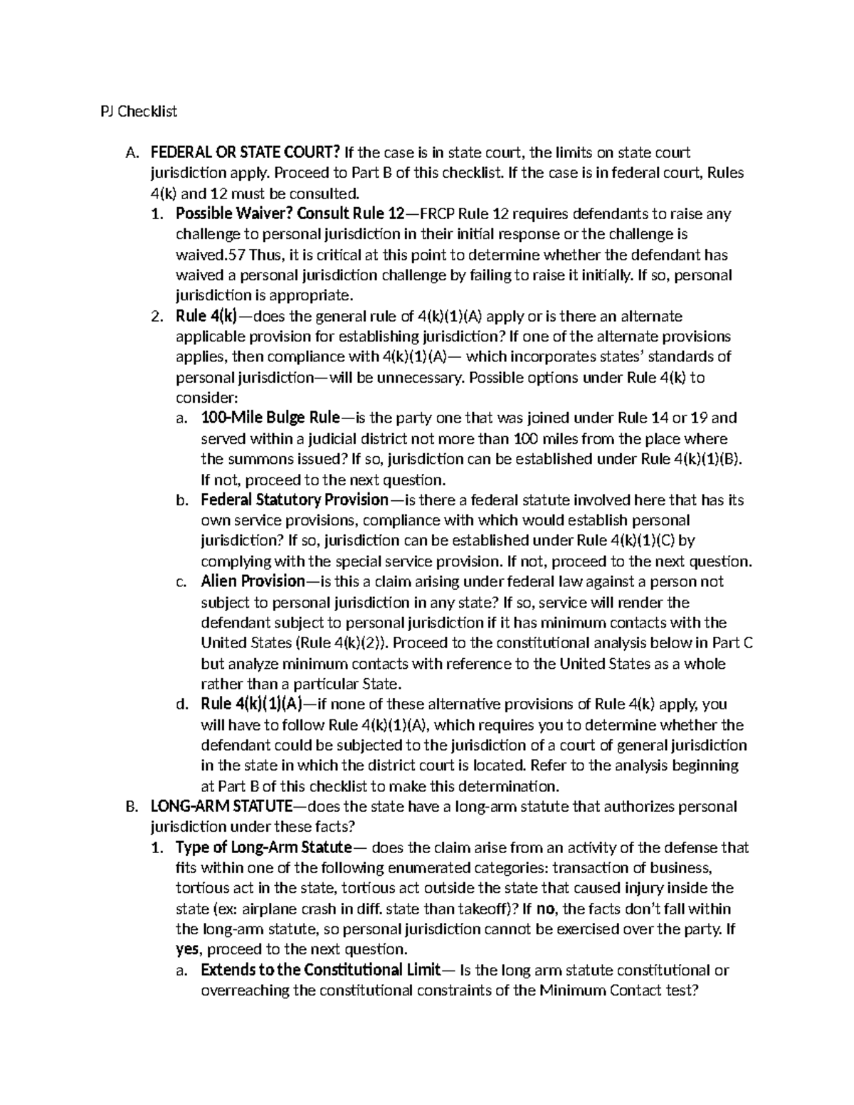 Personal Jurisdiction Checklist - PJ Checklist A. FEDERAL OR STATE ...