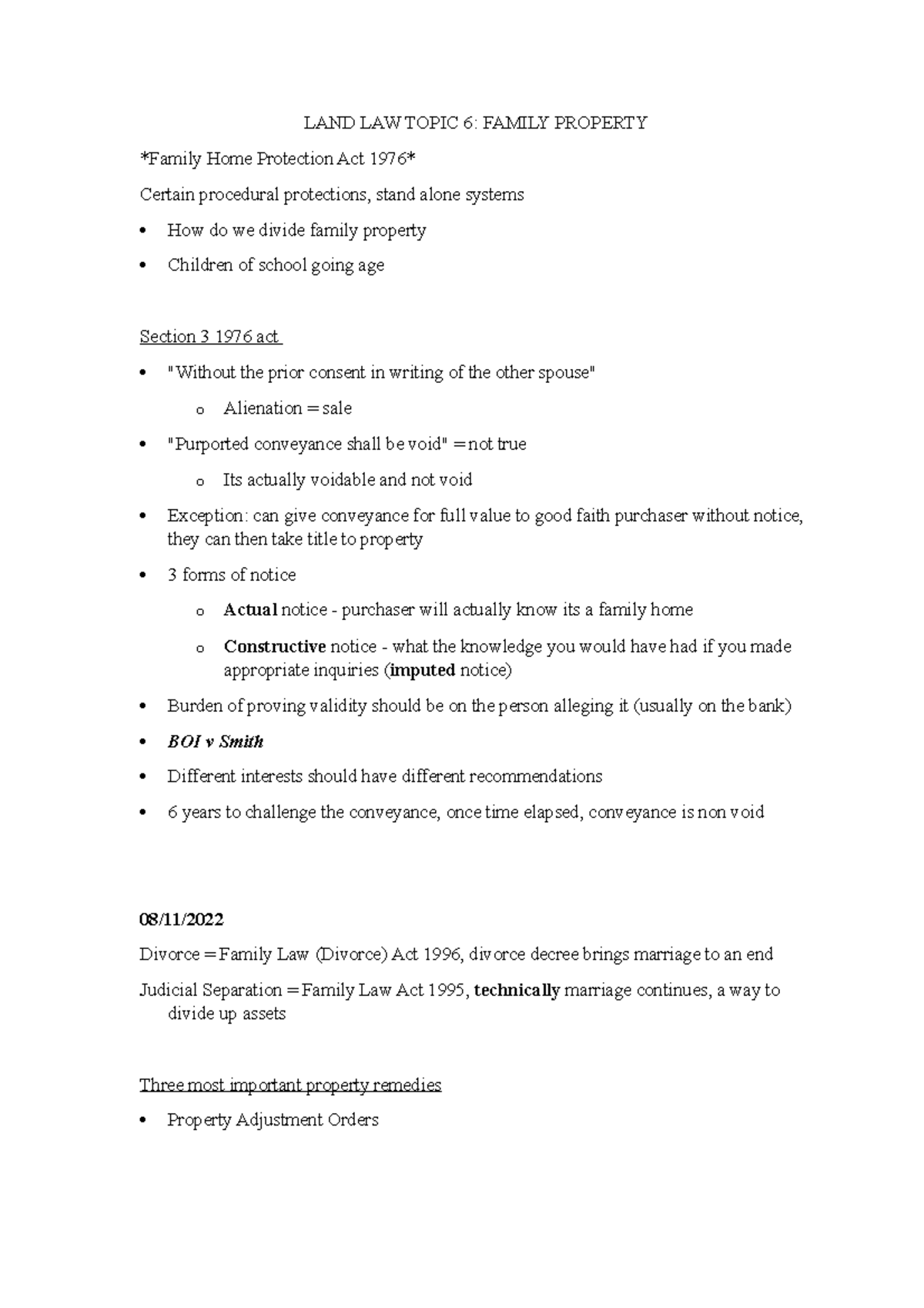 Land Law notes topic 6 - LAND LAW TOPIC 6: FAMILY PROPERTY Family Home ...