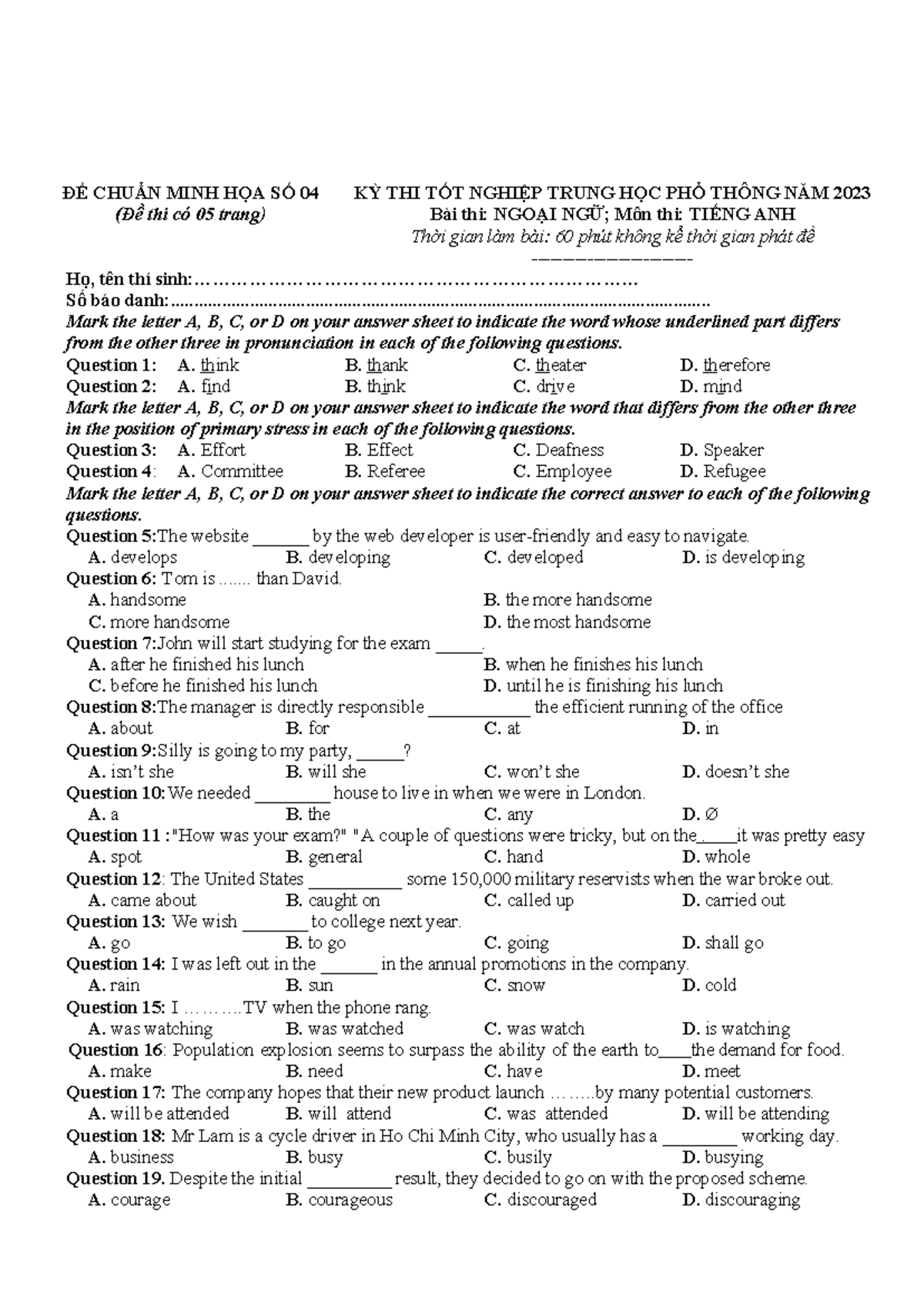 4 Thith~1 - anh - ĐỀ CHUẨN MINH HỌA SỐ 04 (Đề thi có 05 trang) KỲ THI ...