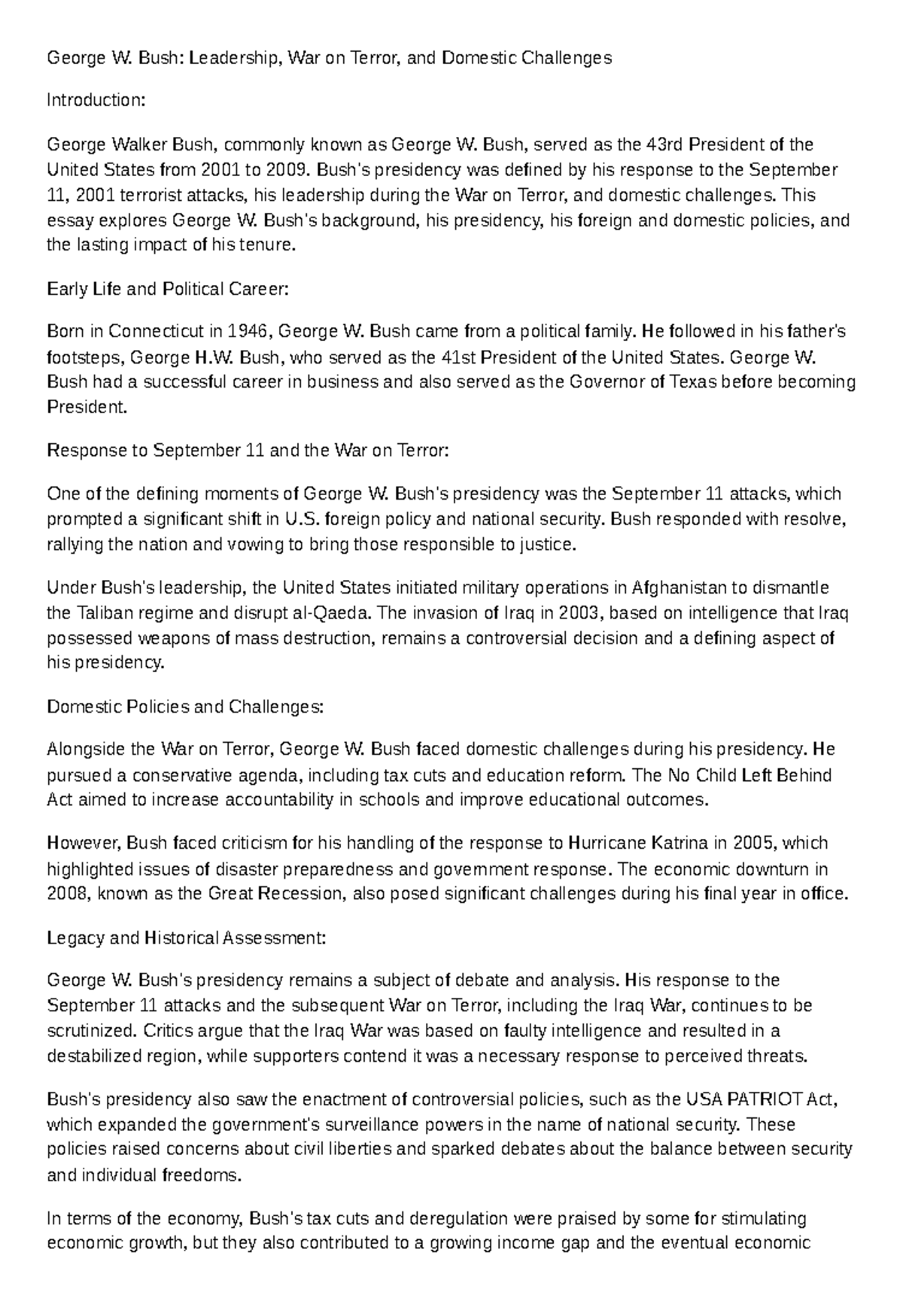 George W. Bush Leadership, War on Terror, and Domestic Challenges ...