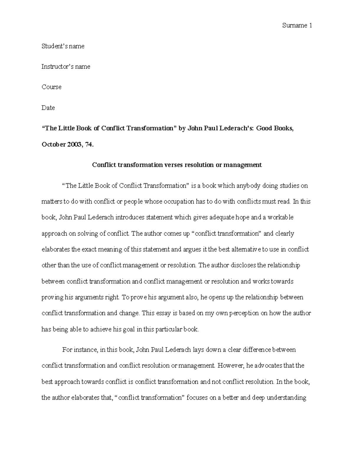 The Little Book of Conflict Transformation - Student’s name Instructor ...