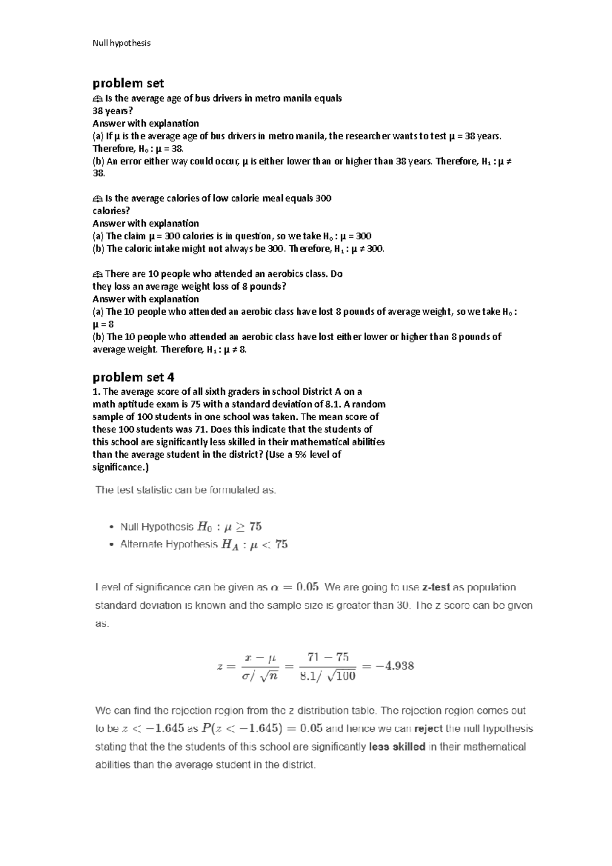 Problems solves null hypothesis - problem set Is the average age of bus drivers in metro manila ...
