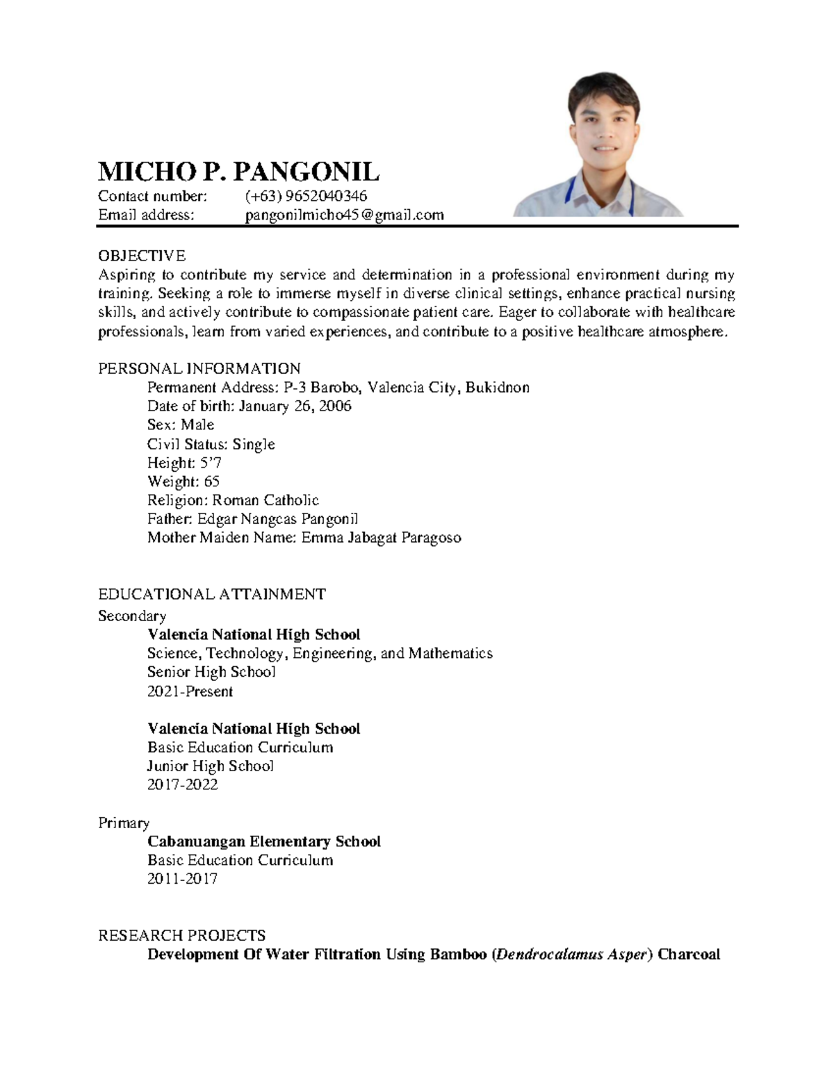 RESUME SAMPLE FS - MICHO P. PANGONIL Contact number: (+63) 9 652040346 Email address: - Studocu