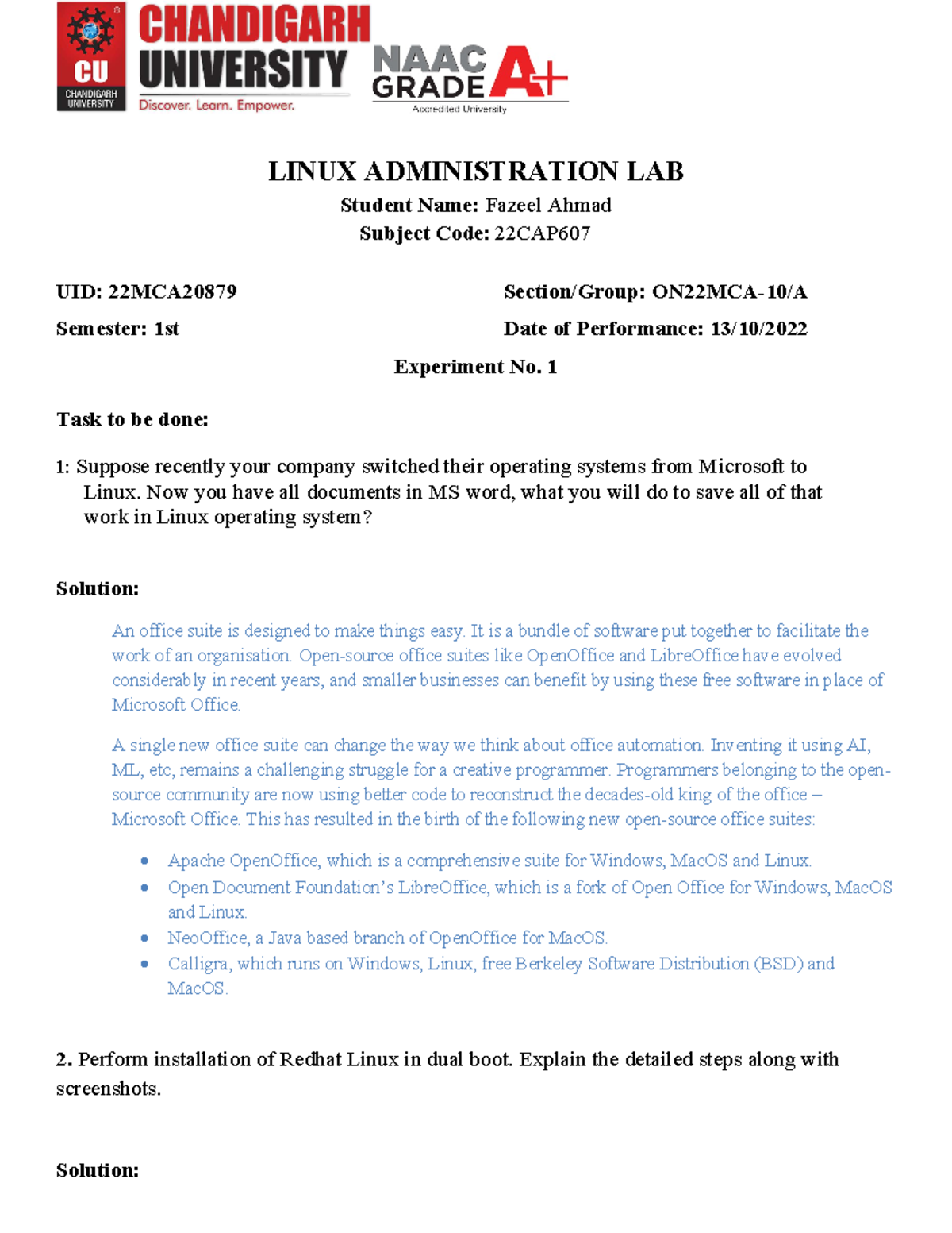 Worksheet-1 - LINUX ADMINISTRATION LAB Student Name: Fazeel Ahmad Subject Code: 22CAP UID: - Studocu