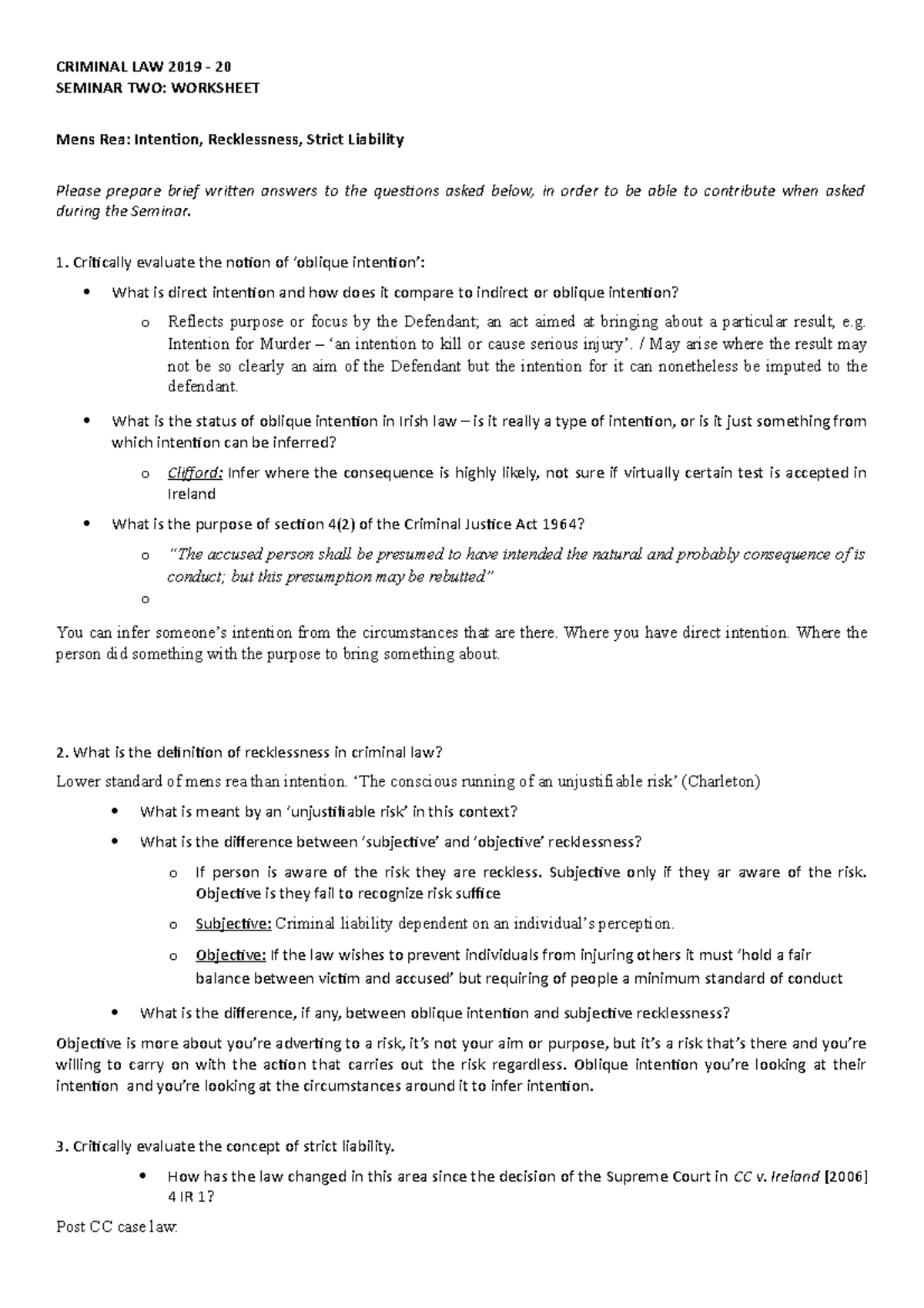 Criminal LAW tutorial - CRIMINAL LAW 2019 - 20 SEMINAR TWO: WORKSHEET ...