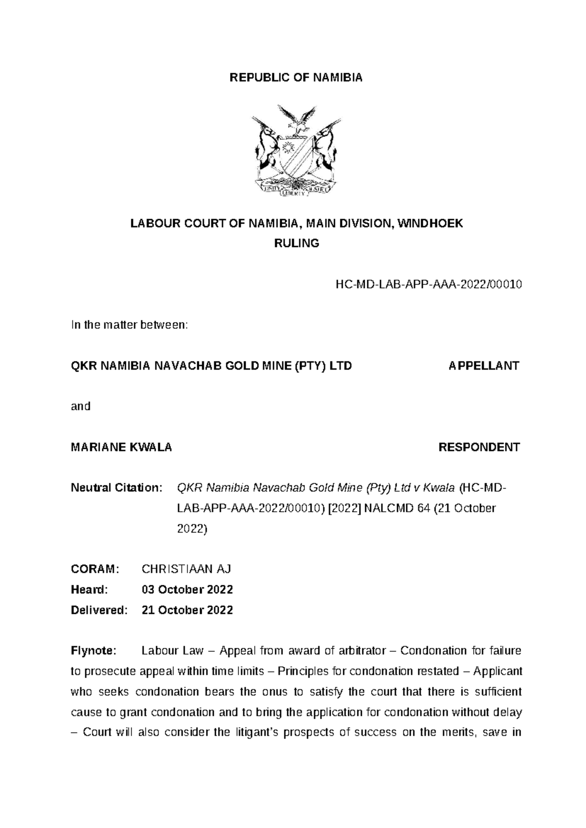 QKR Namibia Navachab Gold Mine (Pty) Ltd v Kwala ( Hcmdlabappaaa 10 of ...