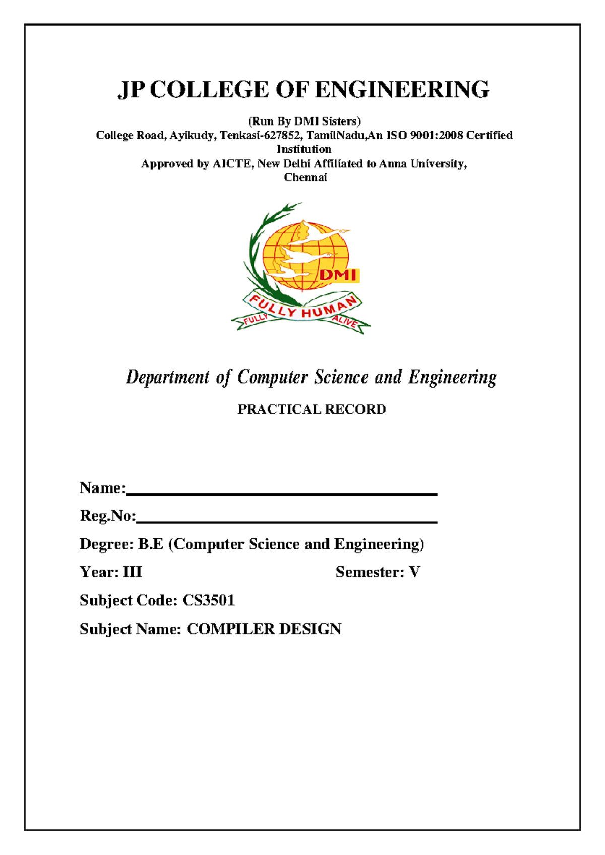 Compiler design lab manual - JP COLLEGE OF ENGINEERING (Run By DMI Sisters) College Road ...