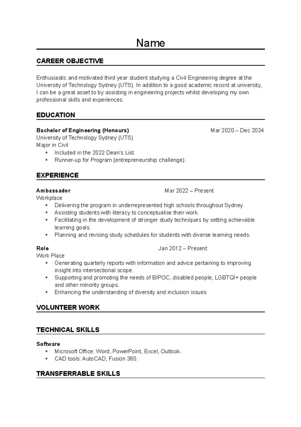 Engineering Resume - Name CAREER OBJECTIVE Enthusiastic and motivated ...