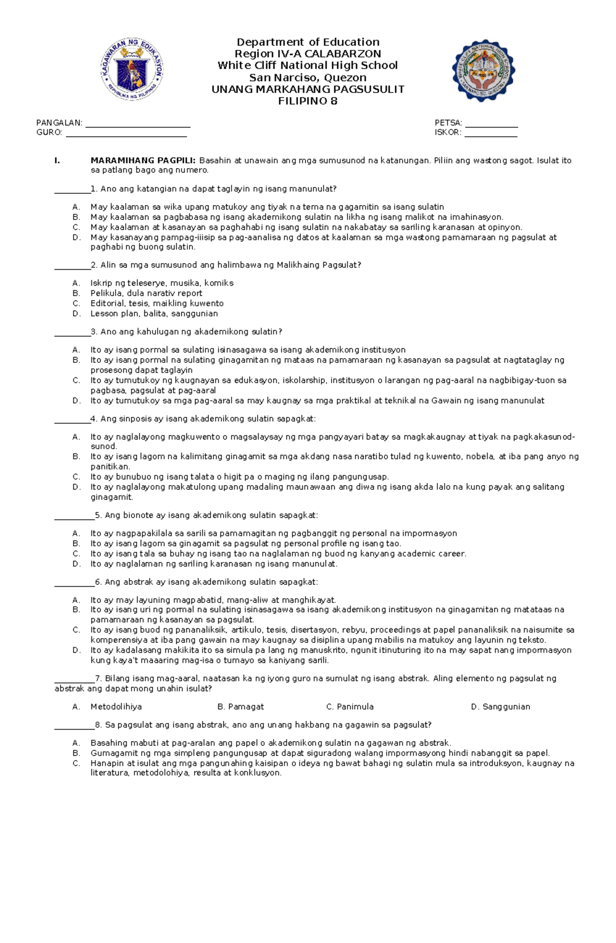 FSPL-AKAD Final EXAM - Department of Education Region IV-A CALABARZON ...