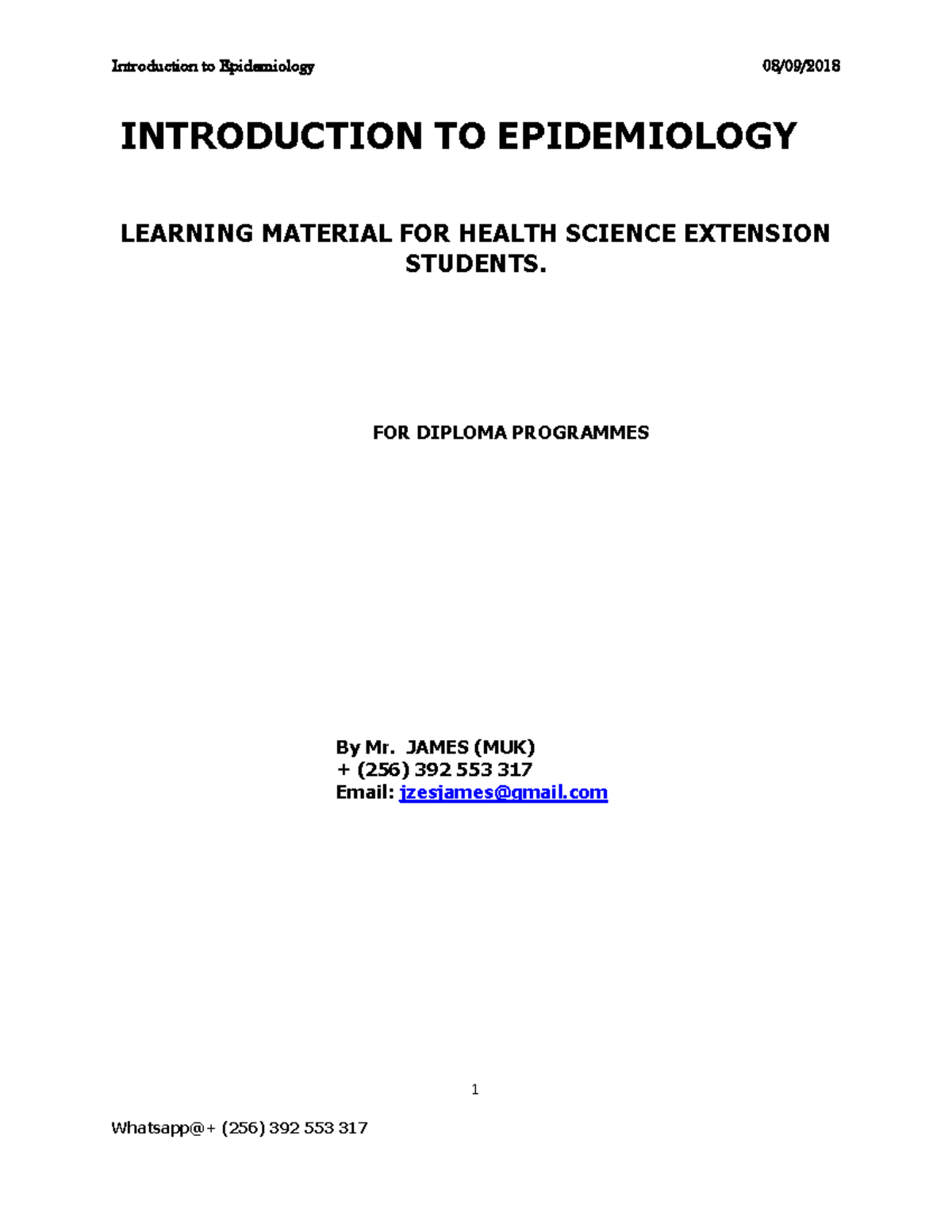 Introduction to Epidemiology - 1 INTRODUCTION TO EPIDEMIOLOGY LEARNING ...