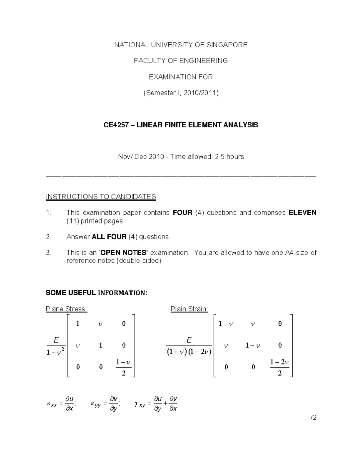 Exam 2010, questions - NATIONAL UNIVERSITY OF SINGAPORE FACULTY OF ...