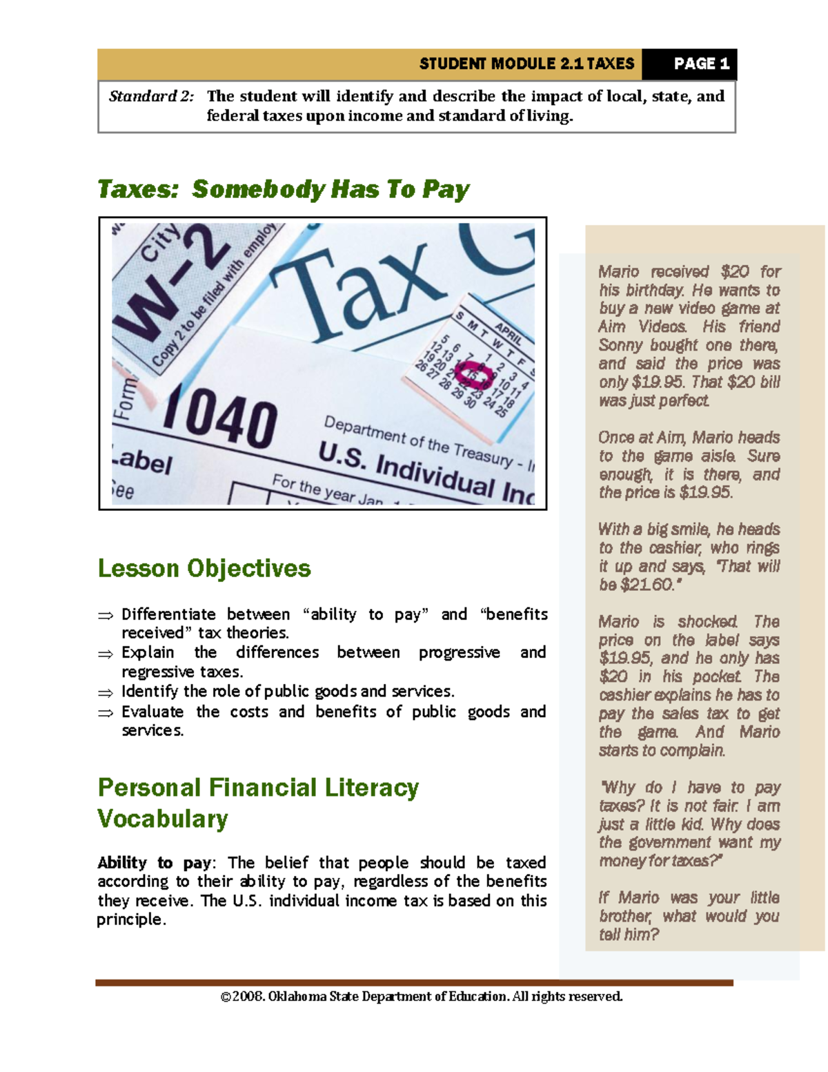 PFLModule 02 Understanding Taxes - STUDENT MODULE 2 TAXES PAGE 1 Taxes ...