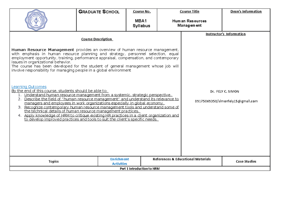 HRM Human Resources Management HRM - GRADUATE SCHOOL Course No. MBA ...