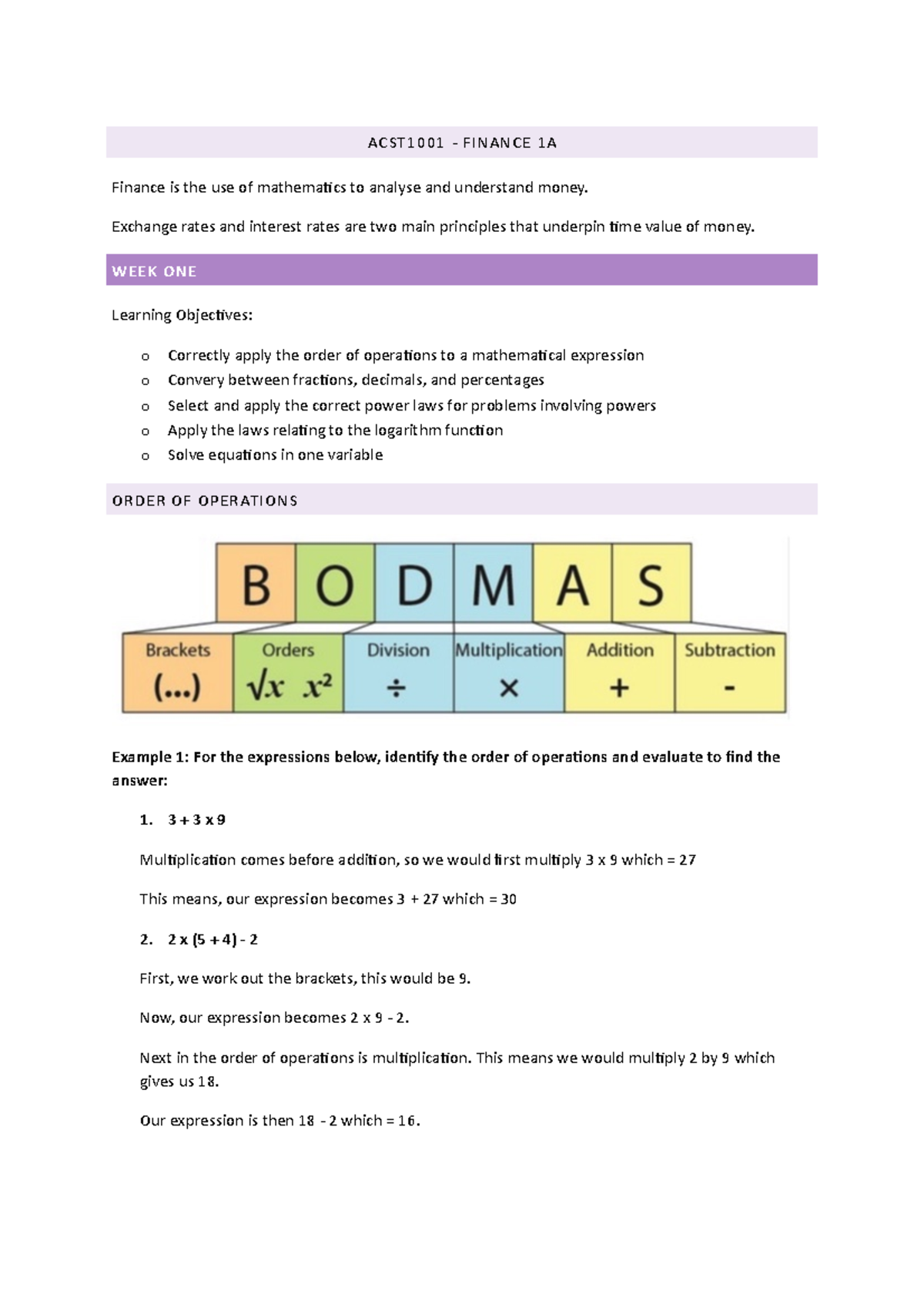 Lecture Notes finance - ACST1001 - FINANCE 1A Finance is the use of ...