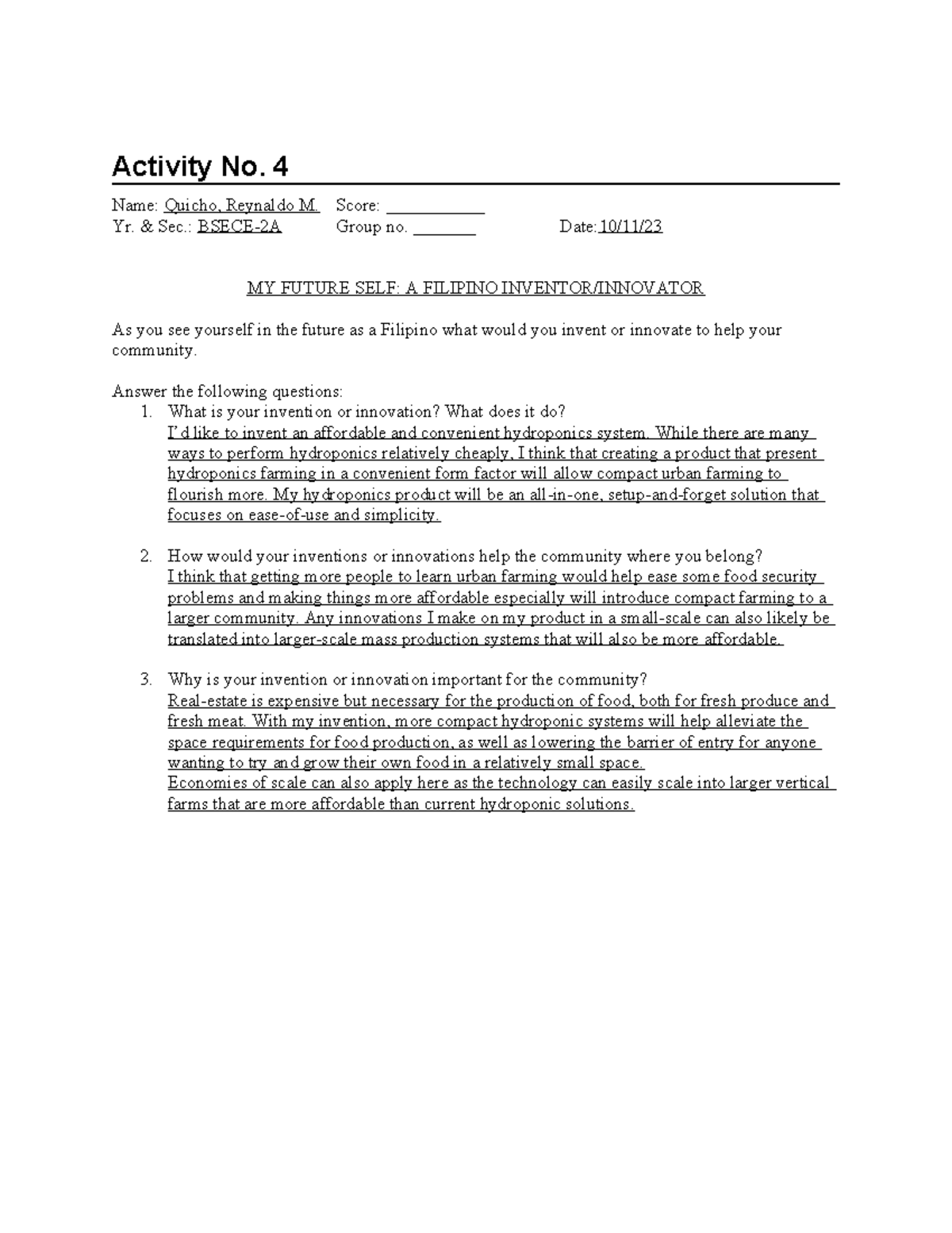 Activity No. 4 Issues S&T - Phil. Setting - Quicho, Reynaldo - Activity No. 4 Name: Quicho ...