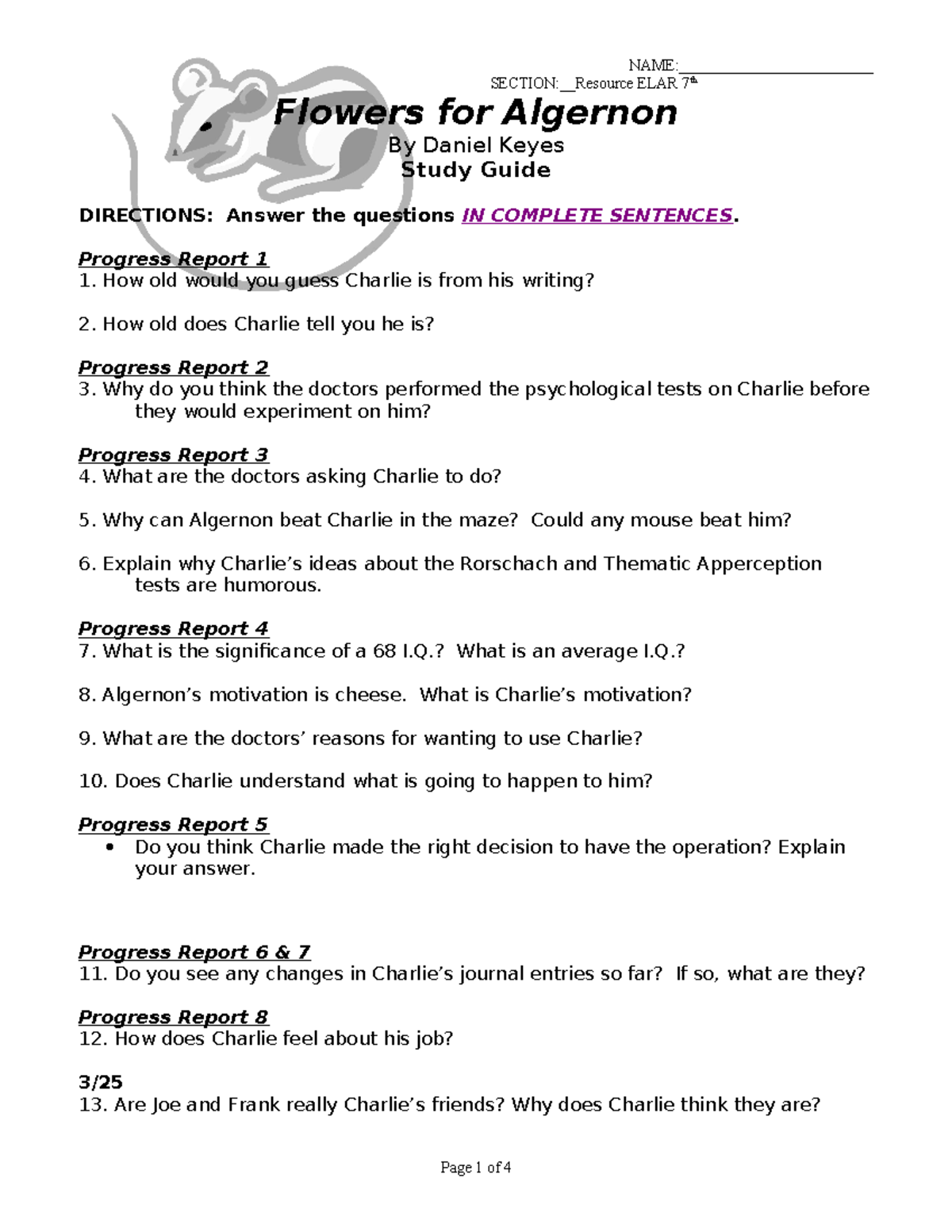 Flowers for Algernon Guided Questions - SECTION:__Resource ELAR 7th ...
