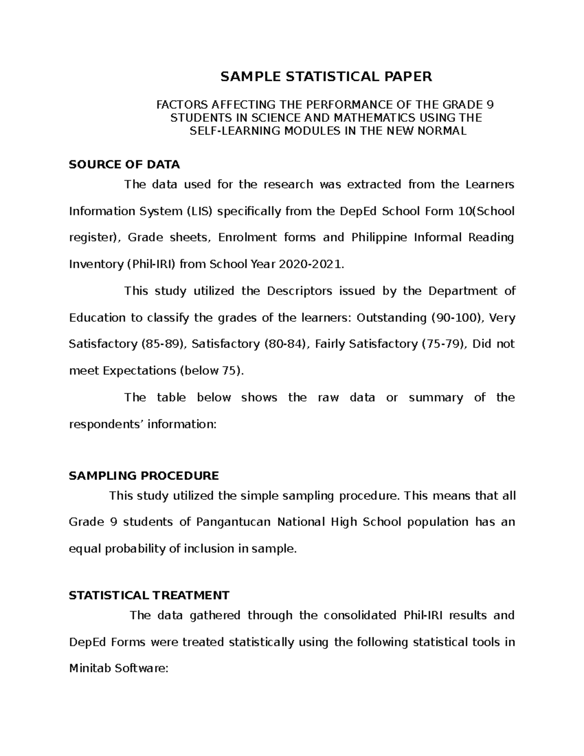 Final STEP ON Statistical Paper - SAMPLE STATISTICAL PAPER FACTORS ...