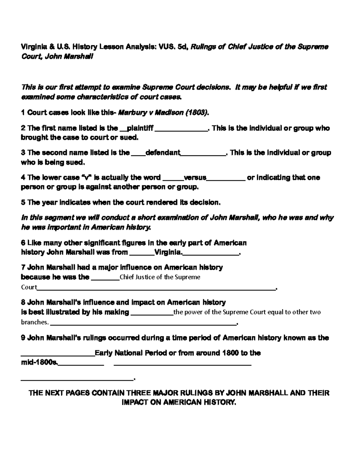 John Marshall and the Supreme Court Notes - Virginia & U. History ...