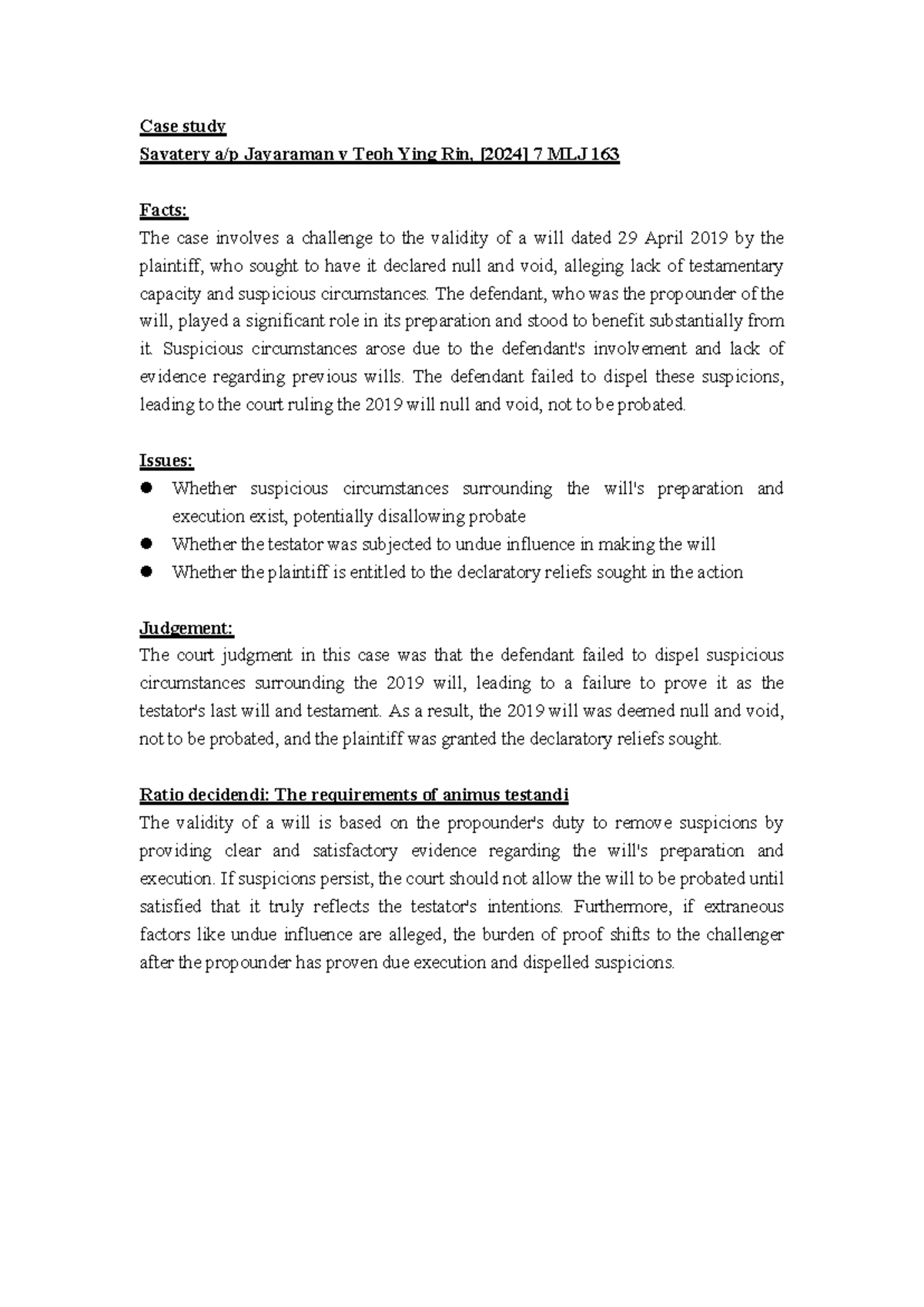 Case study - LOS - Brown file - Case study Savatery a/p Jayaraman v ...
