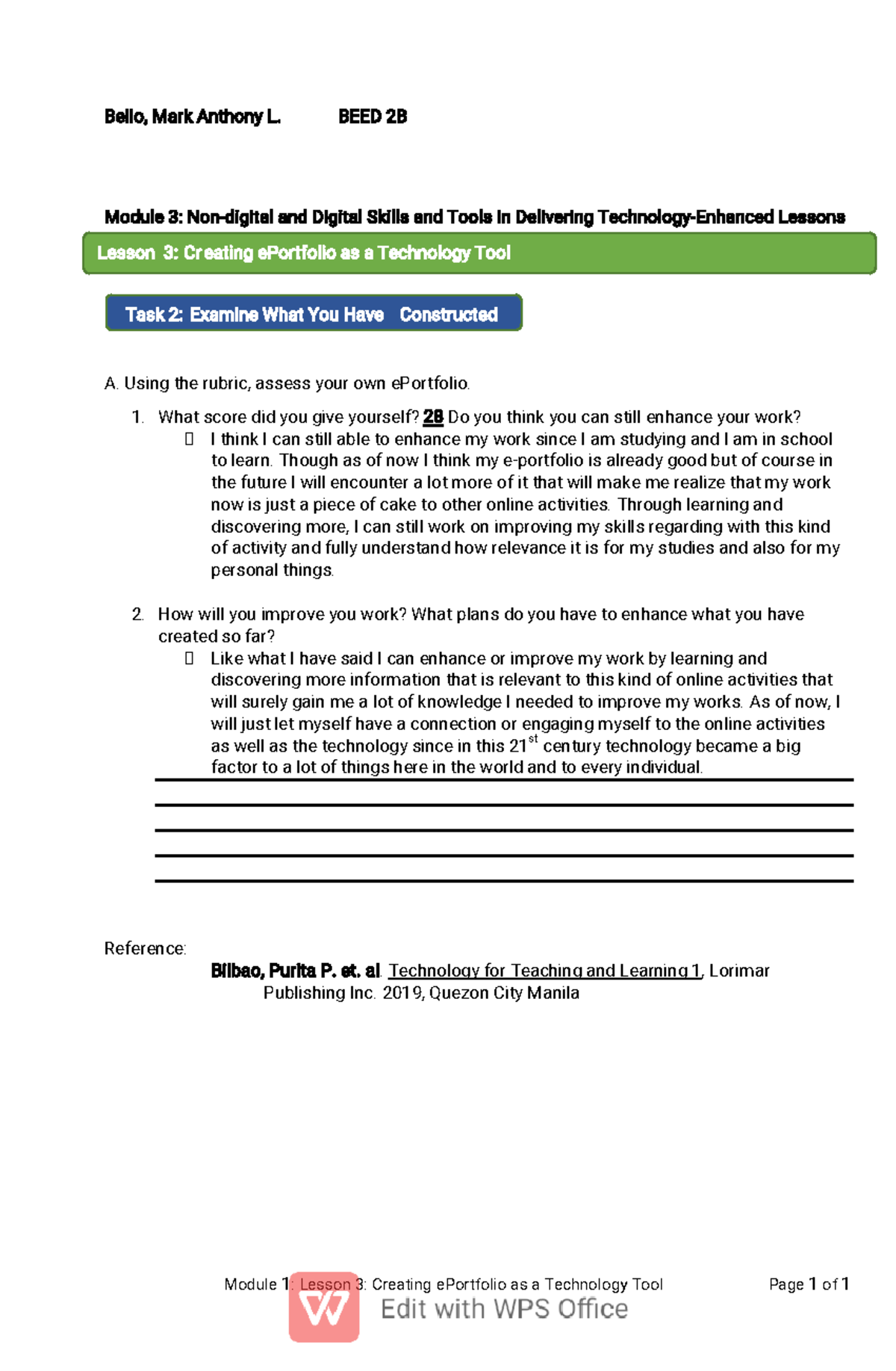 Bello Module 3 Lesson 3 Task2 - Module 1 : Lesson 3: Creating ePortfolio as a Technology Tool ...