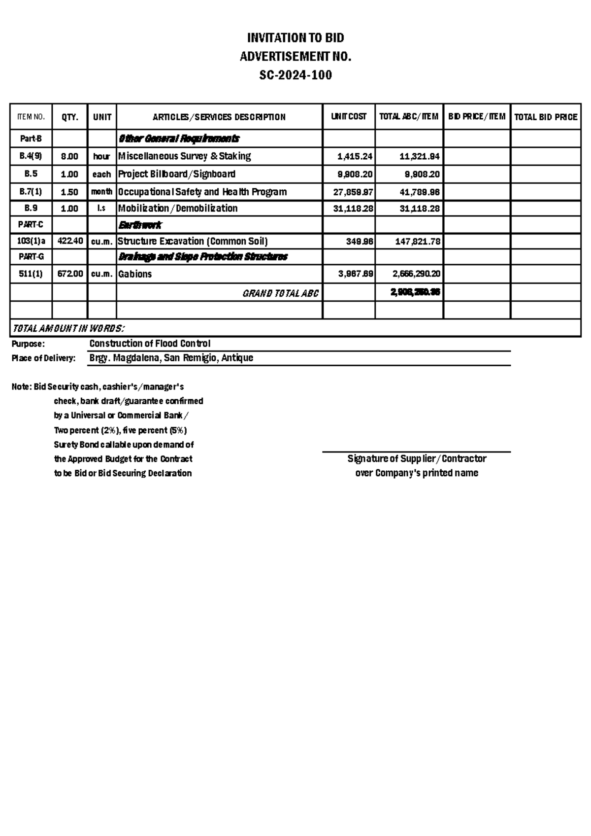 Invitation To Bid To Try Check Item No Qty Unit Articles Services Description Unit Cost