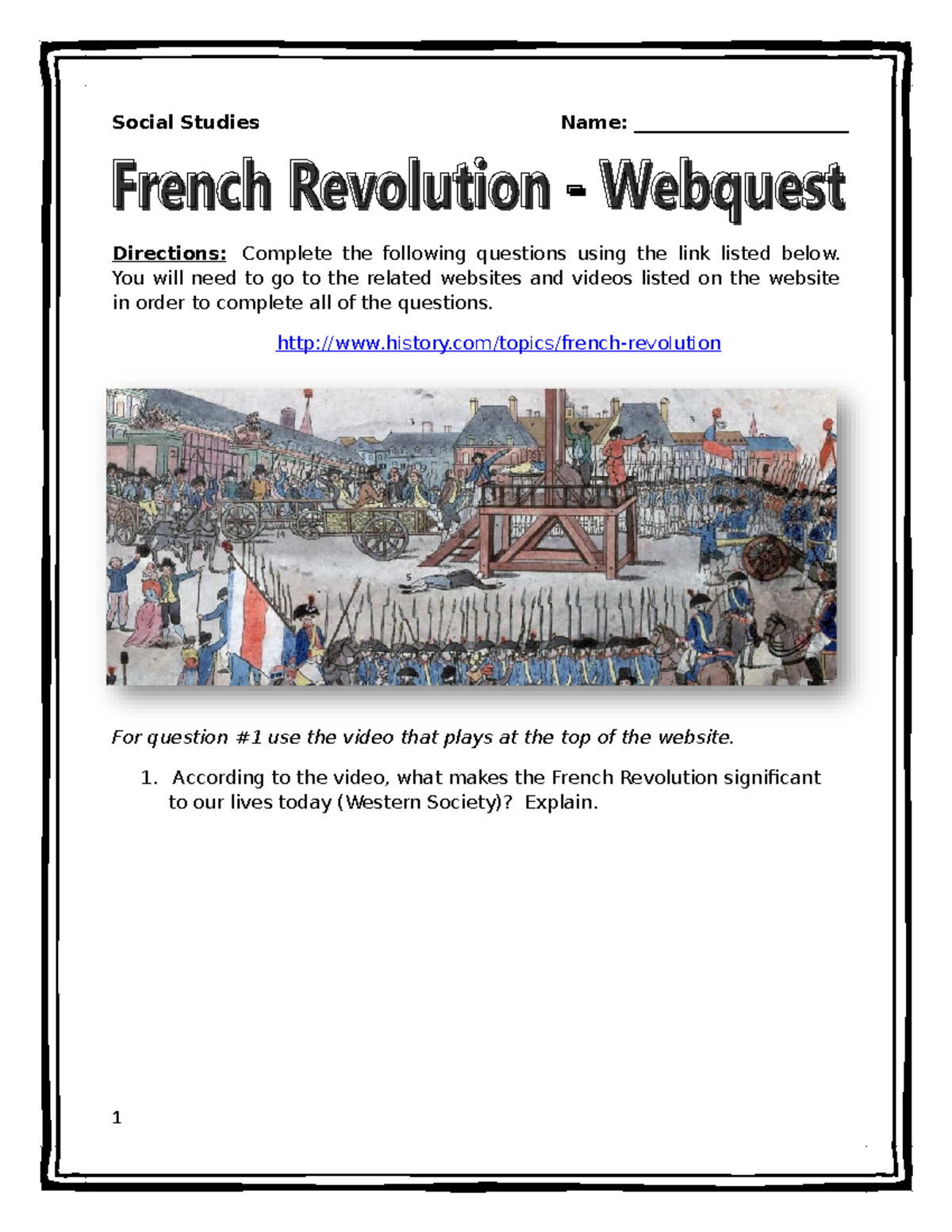 French Revolution Webquest Student Copy - Social Studies Name ...