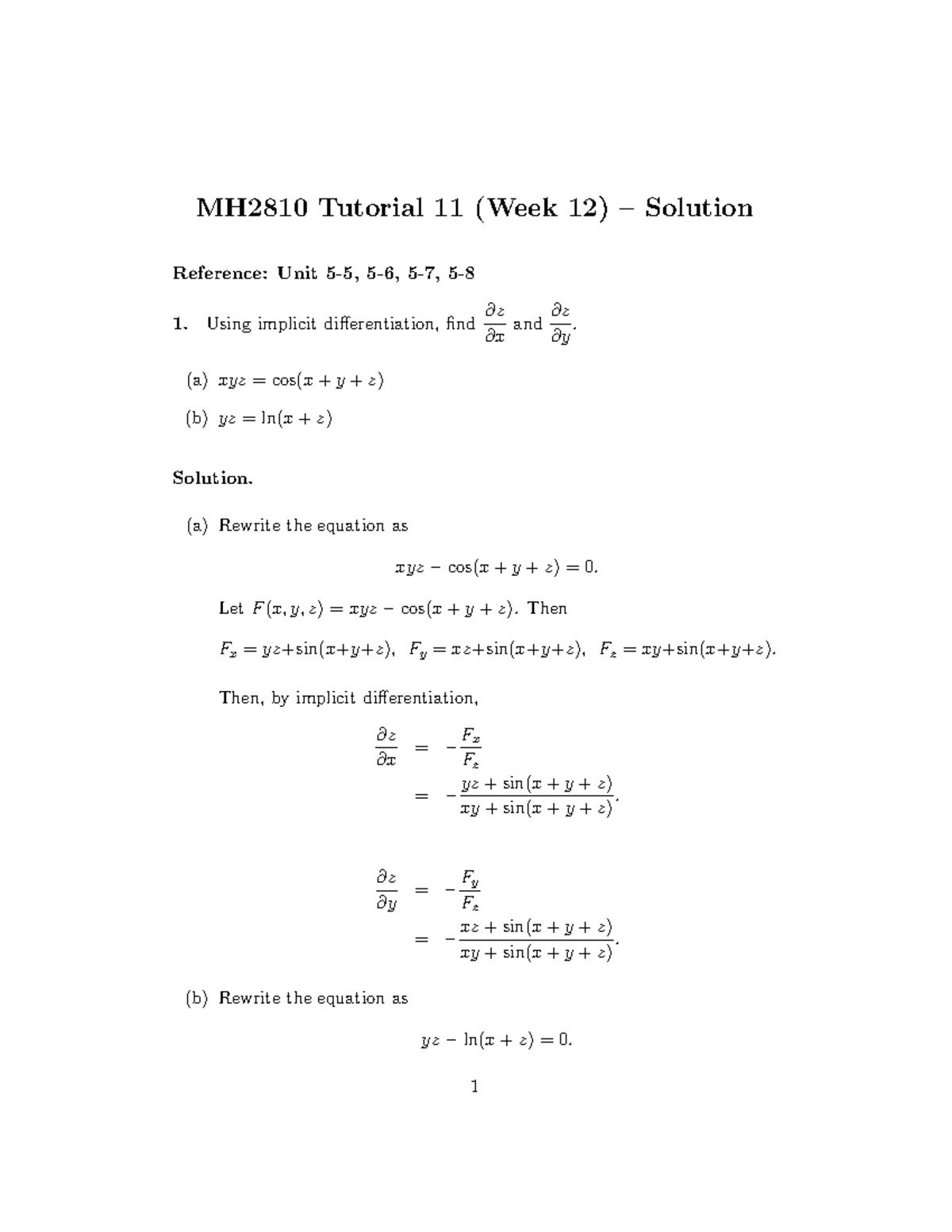 Tutorial 11 Solution - MH2810 Tutorial 11 (Week 12) – Solution Reference: Unit 5-5, 5-6, 5-7, 5 ...