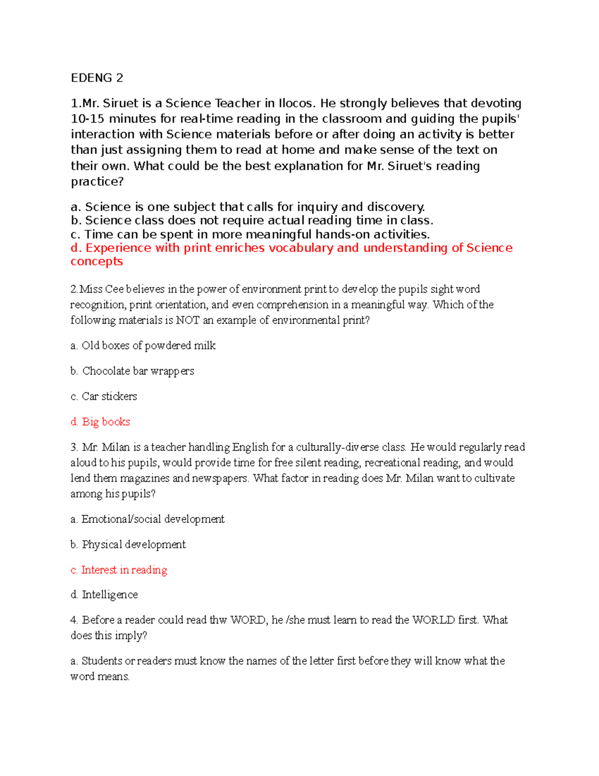 Edeng 2-EXAM 2 - BUILDING LITERACY IN ELEMENTARY GRADES EXAM - EDENG 2 ...