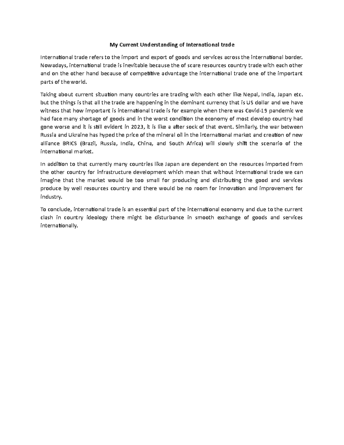 Essay on my Current Understanding of International trade- Sujan Pathak ...