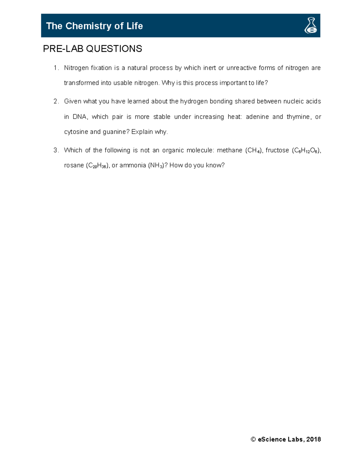 IB 1108 L05 Chem Life - chemistry of life lab questions - PRE-LAB QUESTIONS Nitrogen fixation is ...