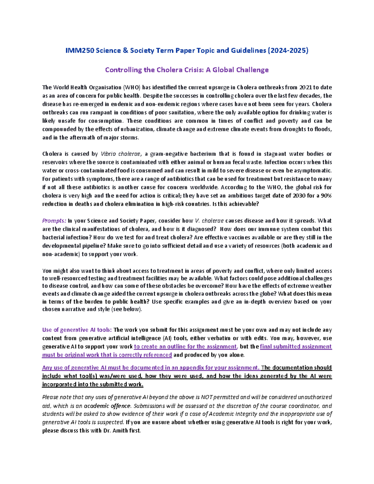 Science & Society Paper Guidelines - Cholera 2024-25 SRA - IMM250 ...