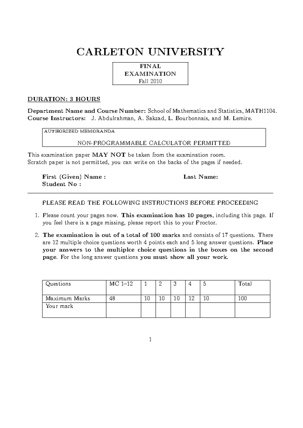 Linear Algebra Fall 2010 Exam - CARLETON UNIVERSITY FINAL EXAMINATION ...