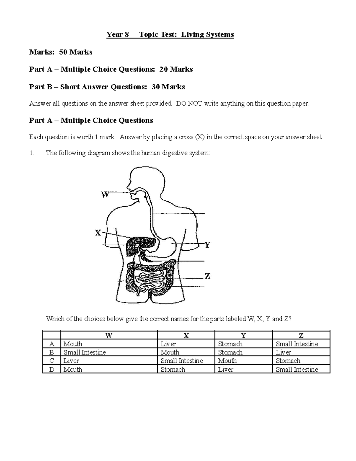 Topic Test For Science Year 8 - Year 8 Topic Test: Living Systems Marks ...