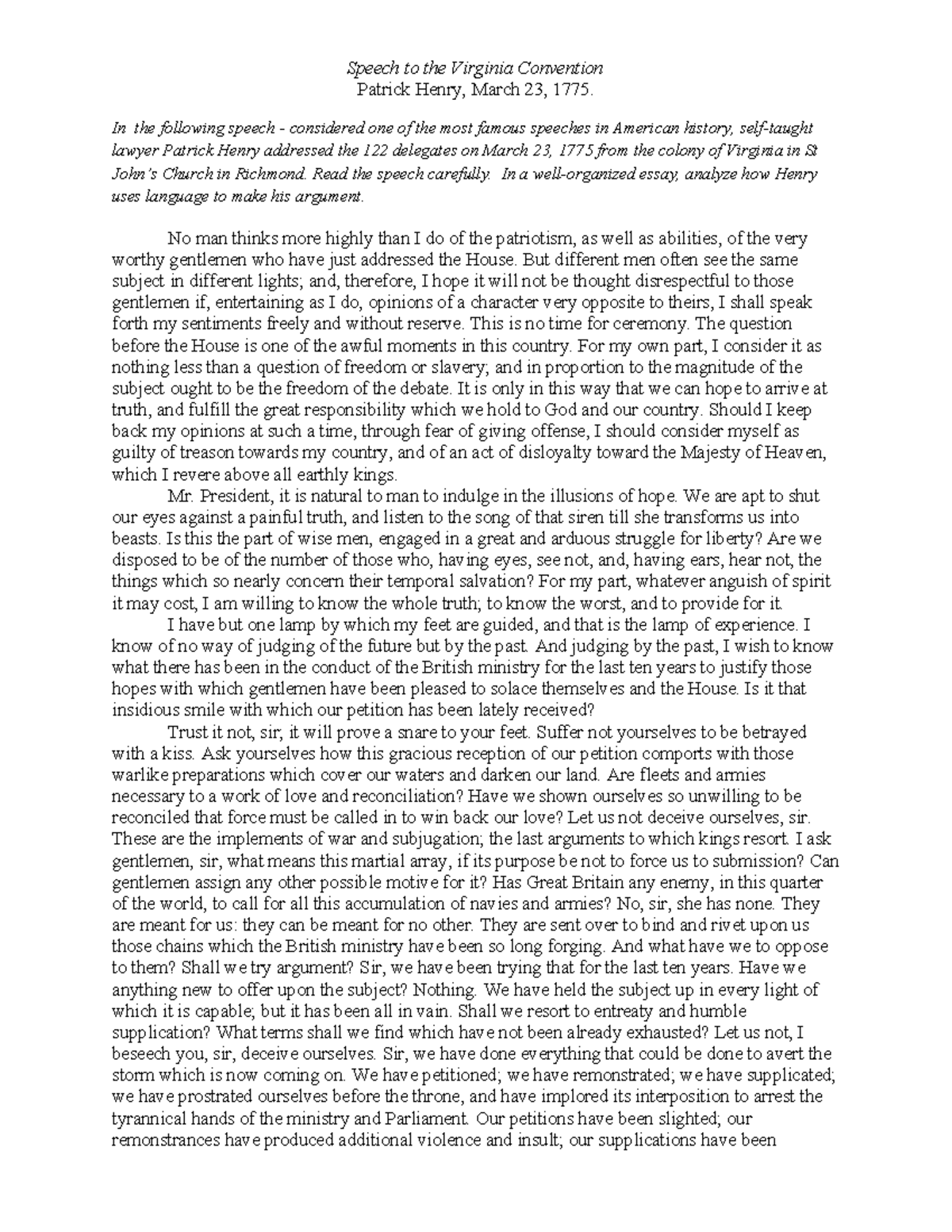 Copy of Patrick Henry-Speech text - Speech to the Virginia Convention ...