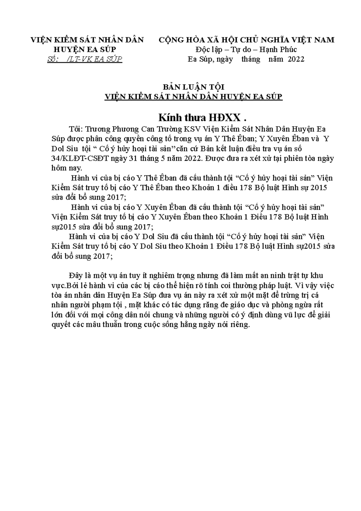 Bạn luận tội - bản luận tội của VKS - VIỆN KIỂM SÁT NHÂN DÂN HUYỆN EA SÚP CỘNG HÒA XÃ HỘI CHỦ ...