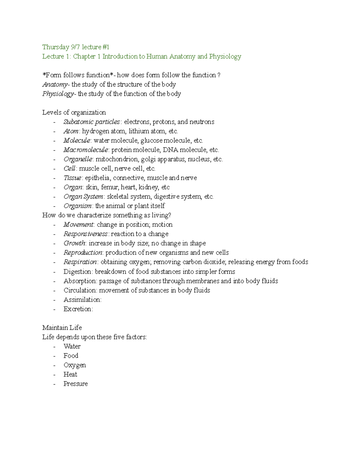 AVS 331 Anatomy and physiology - Thursday 9/7 lecture # Lecture 1 ...