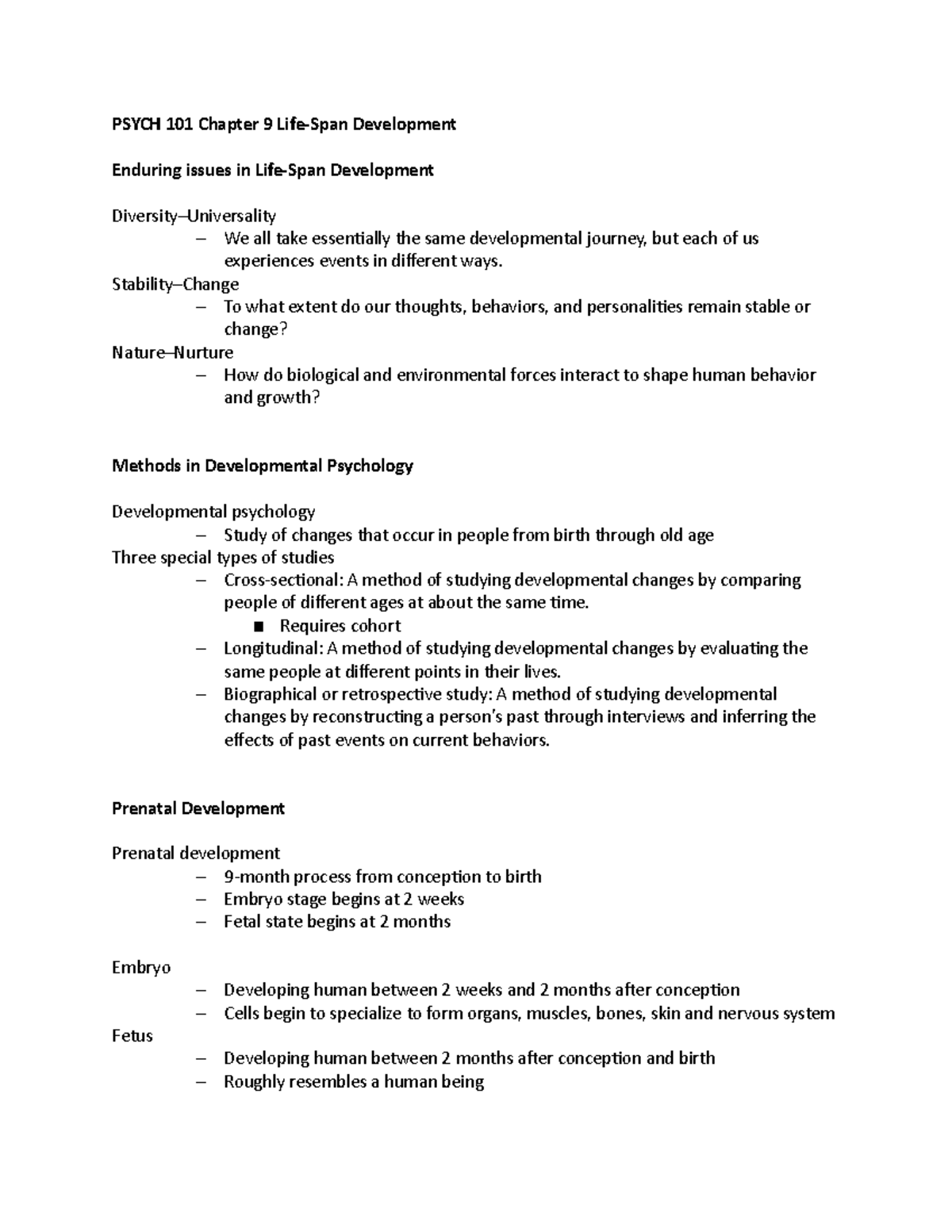 Psych 101 chapter 9 - Prof. Kang - PSYCH 101 Chapter 9 Life-Span ...