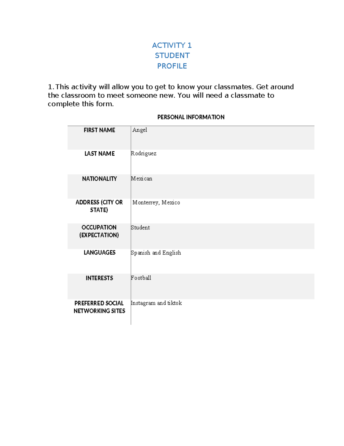 Activity 1 - ACTIVITY 1 STUDENT PROFILE 1. This activity will allow you ...