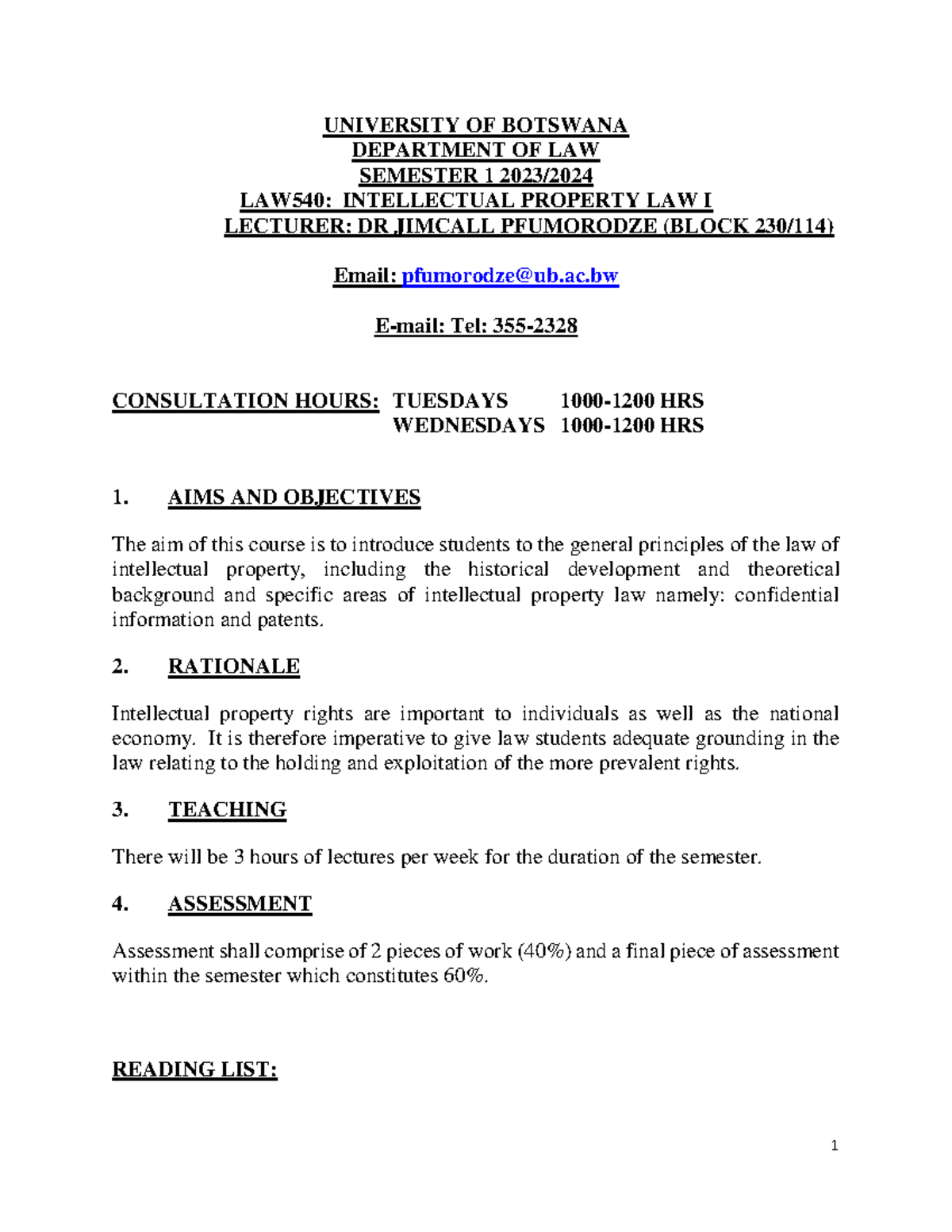 LAW 540 Intellectual Property LAW I Course Outline 2023 - UNIVERSITY OF ...