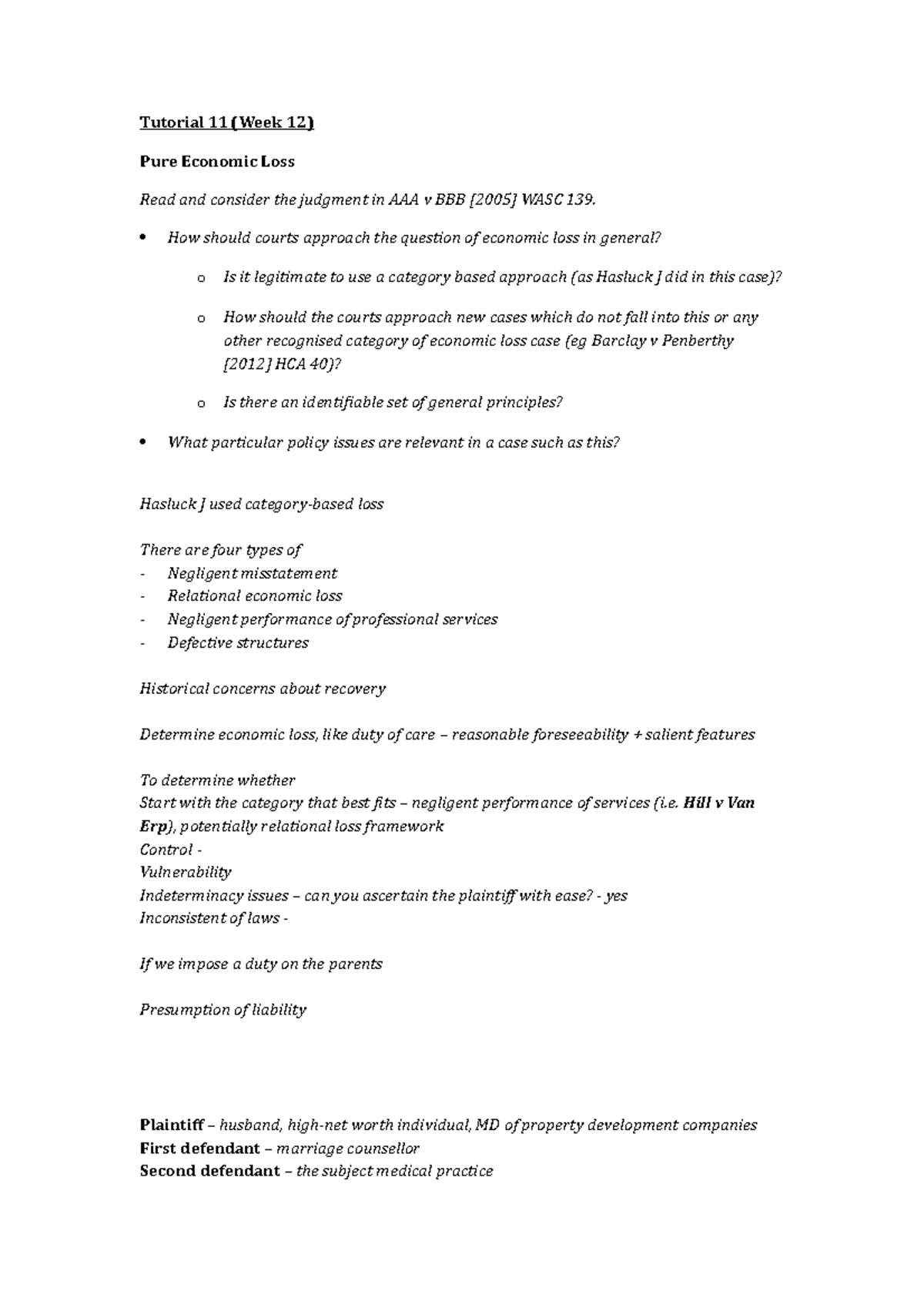 Torts - Tutorial 11 - Pure Economic Loss - Tutorial 11 (Week 12) Pure ...