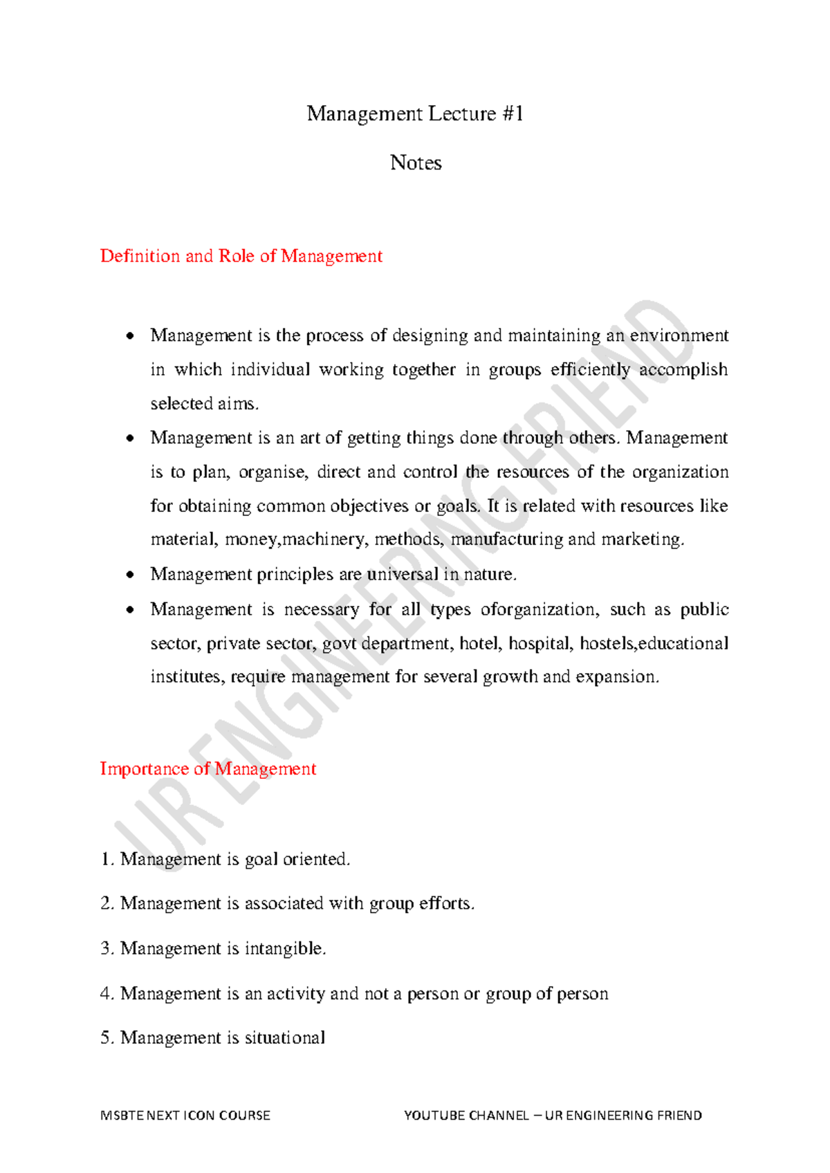 Management Chapter 1 Notes Ur Engineering Friend - Management Lecture ...