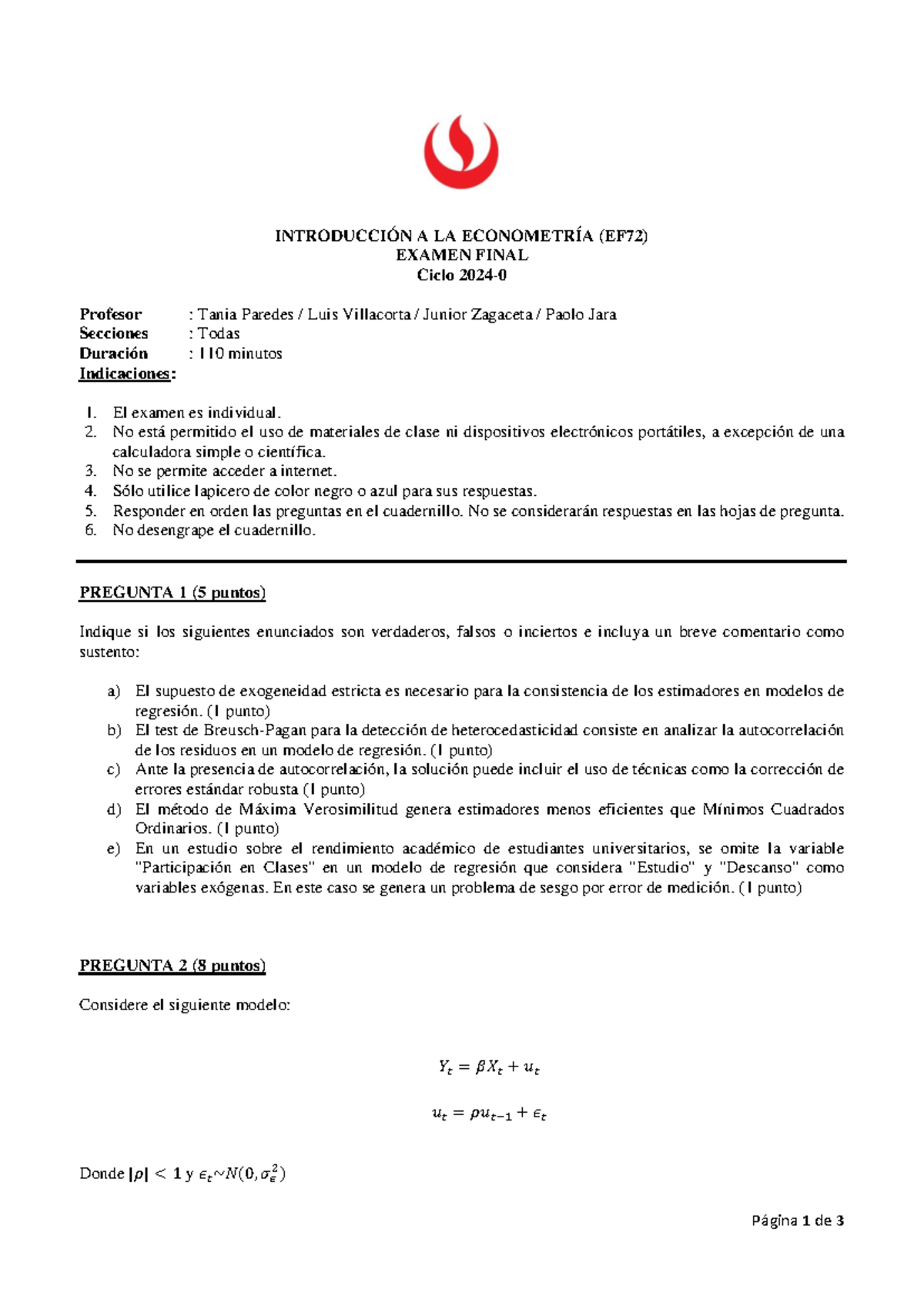 2024-0 EF72 EB - lm m - Página 1 de 3 INTRODUCCIÓN A LA ECONOMETRÍA (EF72) EXAMEN FINAL Ciclo ...