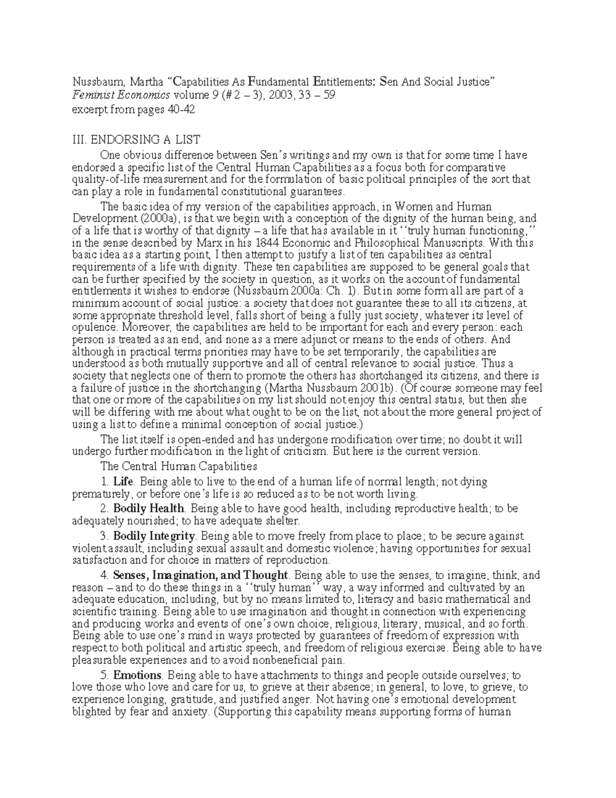 Nussbaum capablities list - Nussbaum, Martha “Capabilities As ...